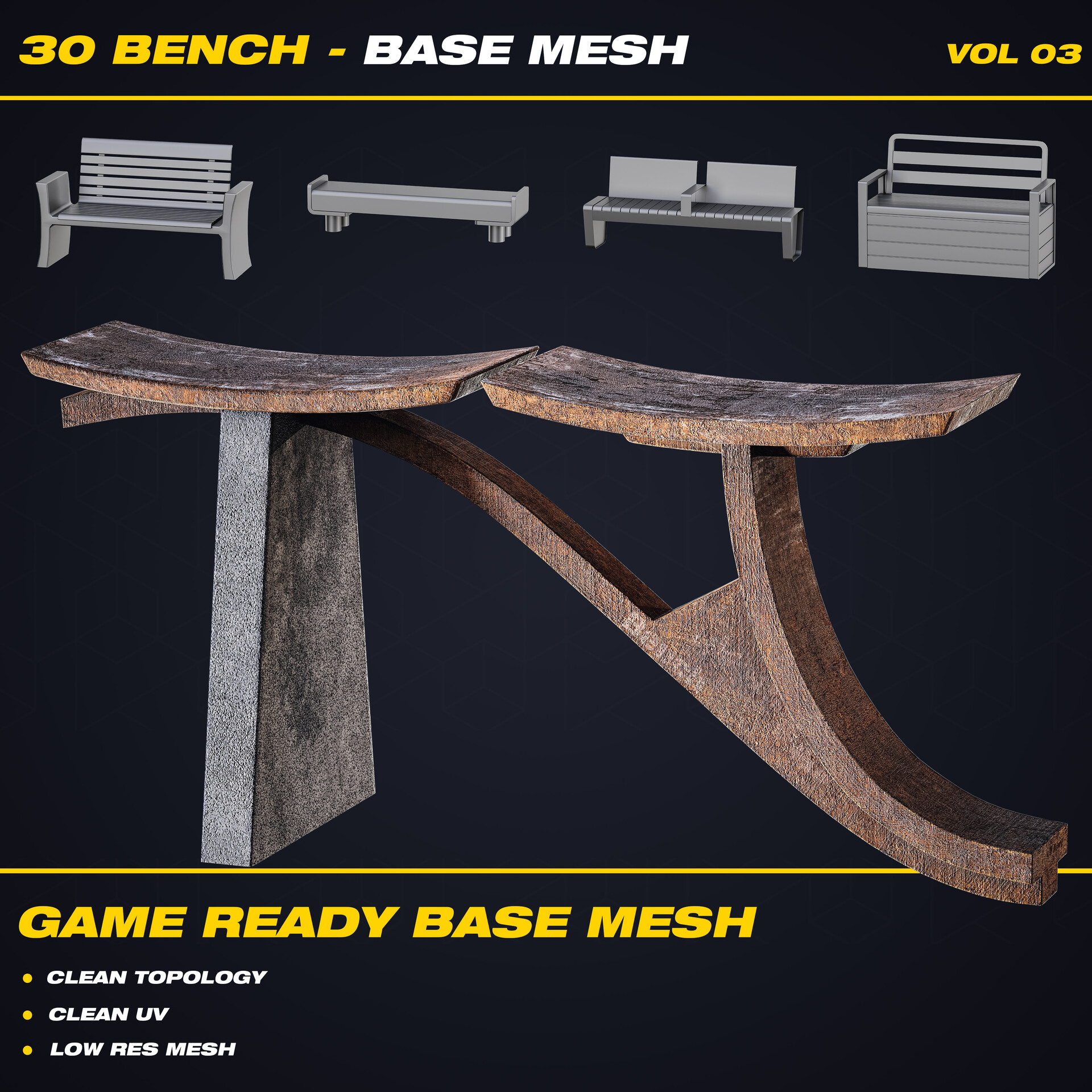 ArtStation - 30 Bench Base Mesh - VOL 03 ( Game Ready )
