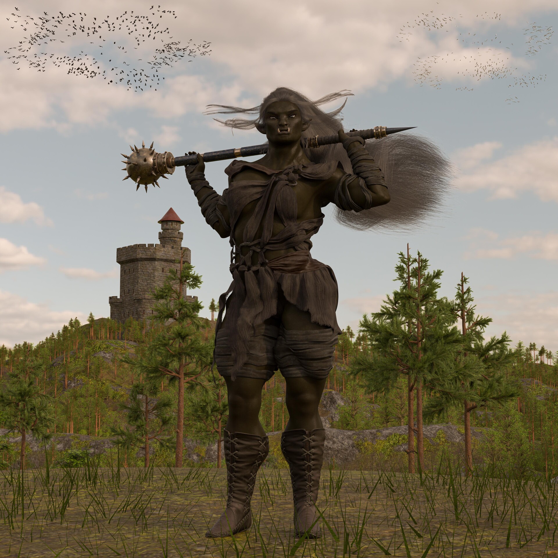 ArtStation - An orc girl with a mace stands