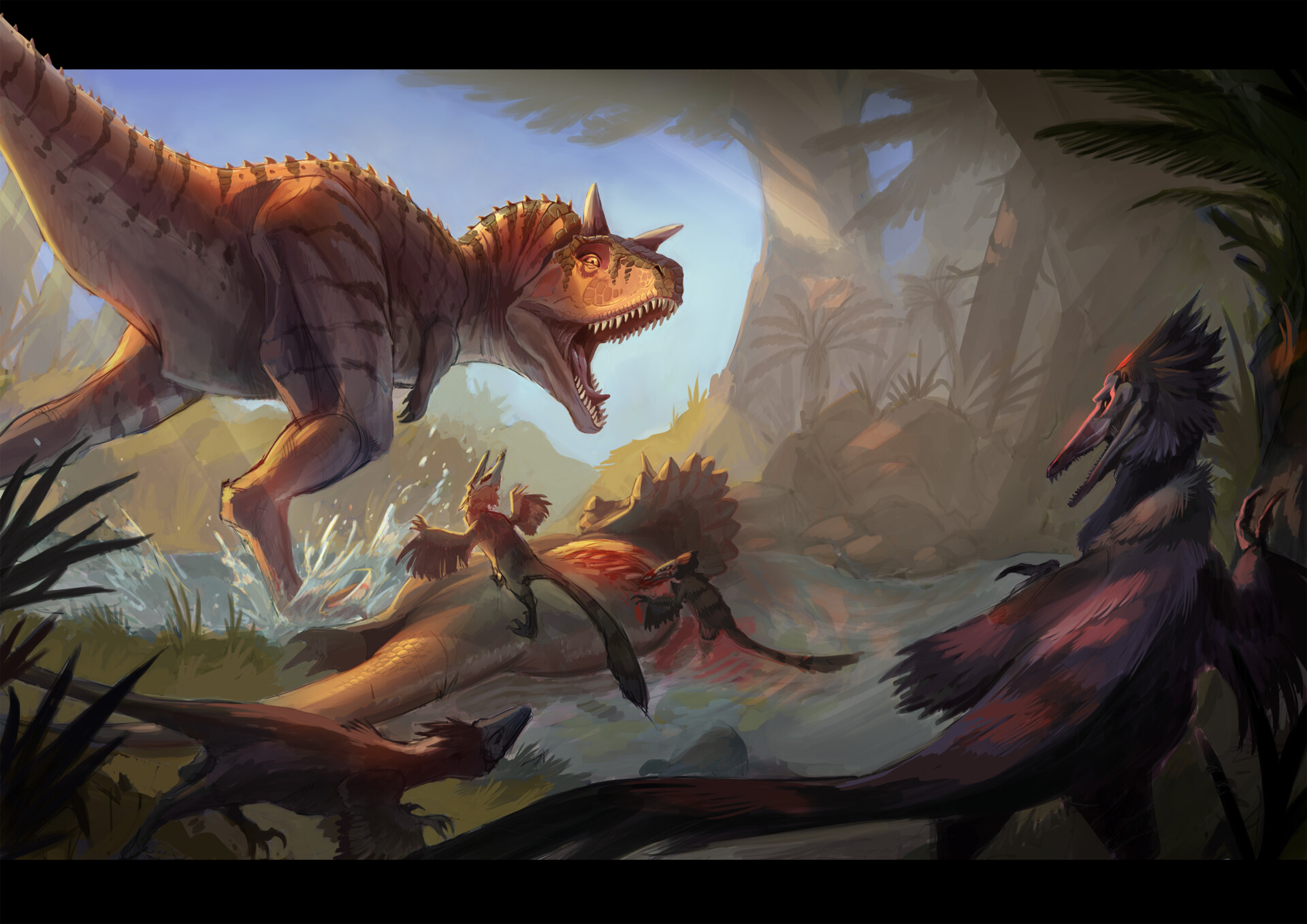 ArtStation - Carnotaurus Attempts to Snatch Unenlagia’s Meal