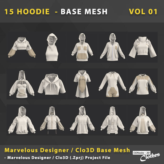 CG Noobs - 15 Hoodie Base Mesh Vol 01 - Marvelous Desinger and Clo3D