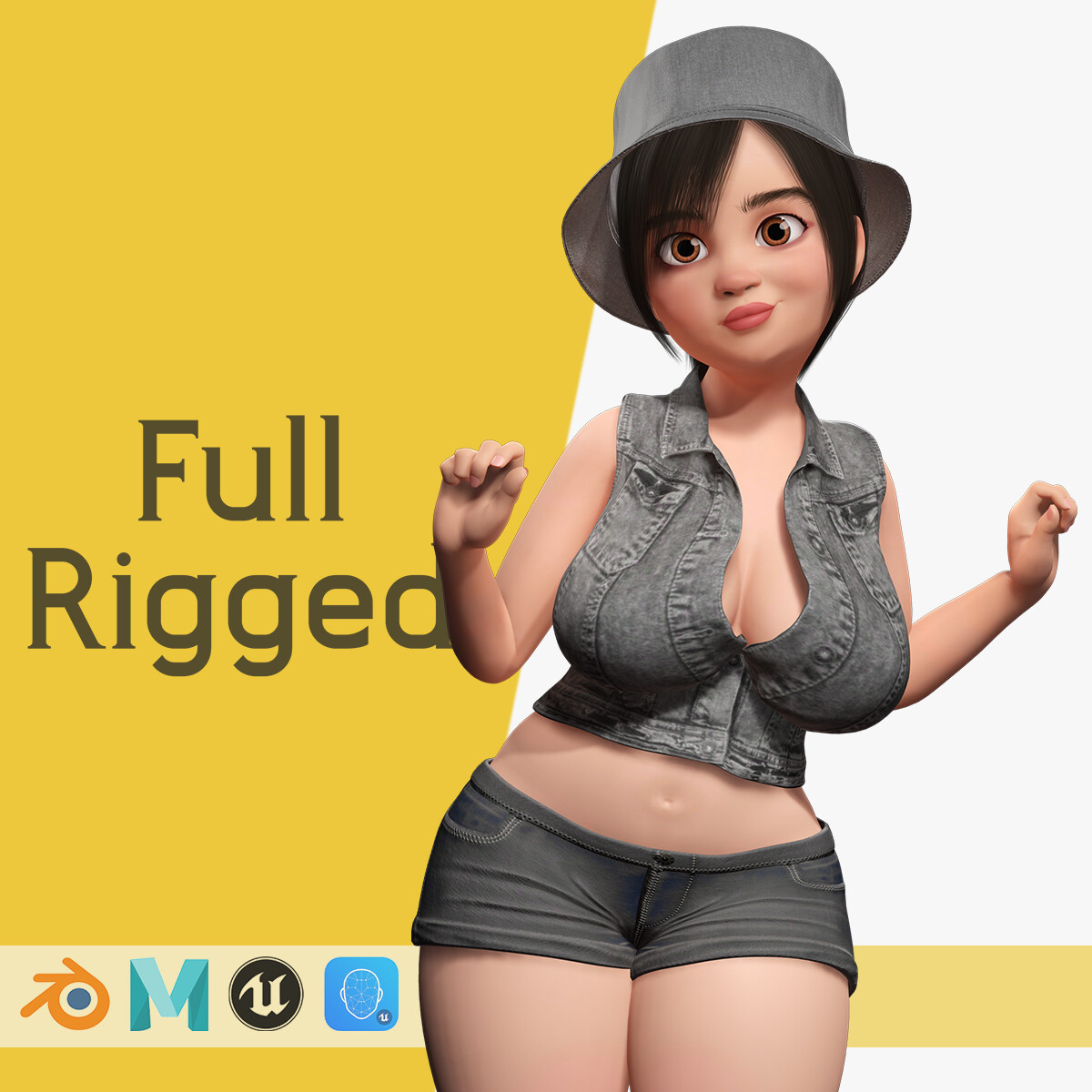 ArtStation - Curvy Girl in Denim Outfit Rigged Stylized 3D Female Character