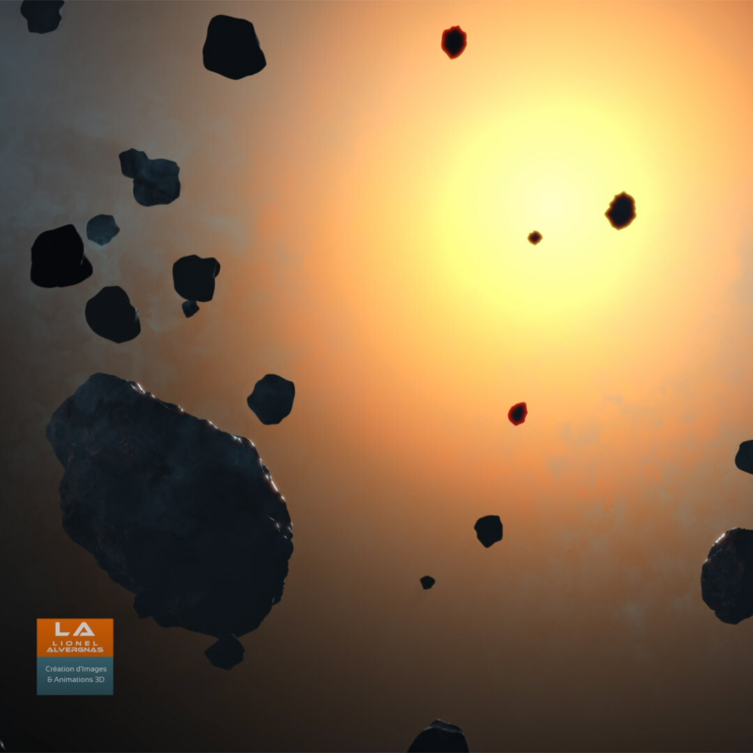 ArtStation - Ride across an Asteroids field with a yellow glowing Star in background