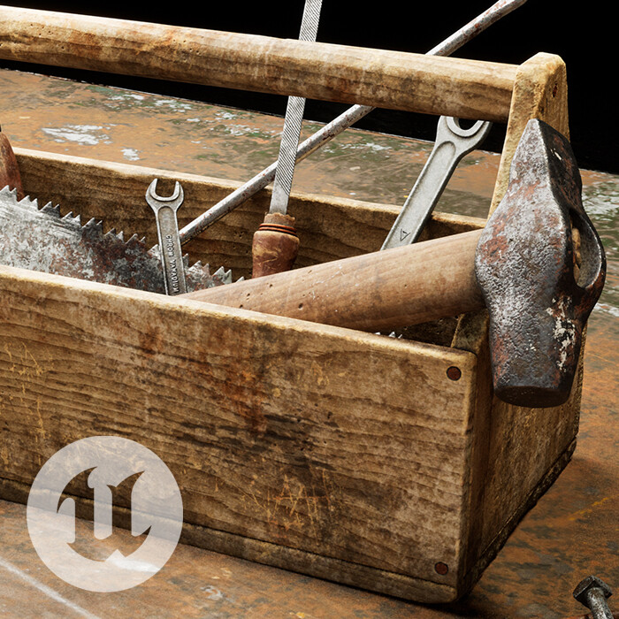 ArtStation - Old Wooden Toolbox With Tools
