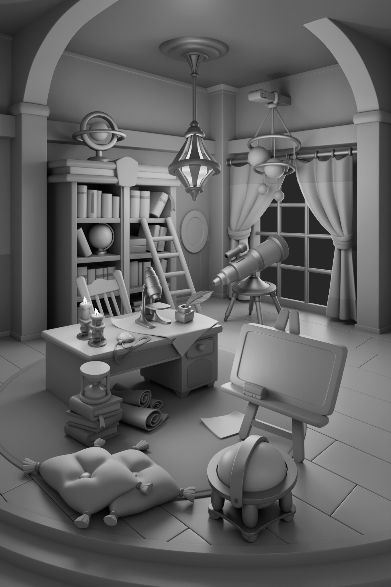 ArtStation - Toon Blast – Astronomer's Room (Grayscale Render)