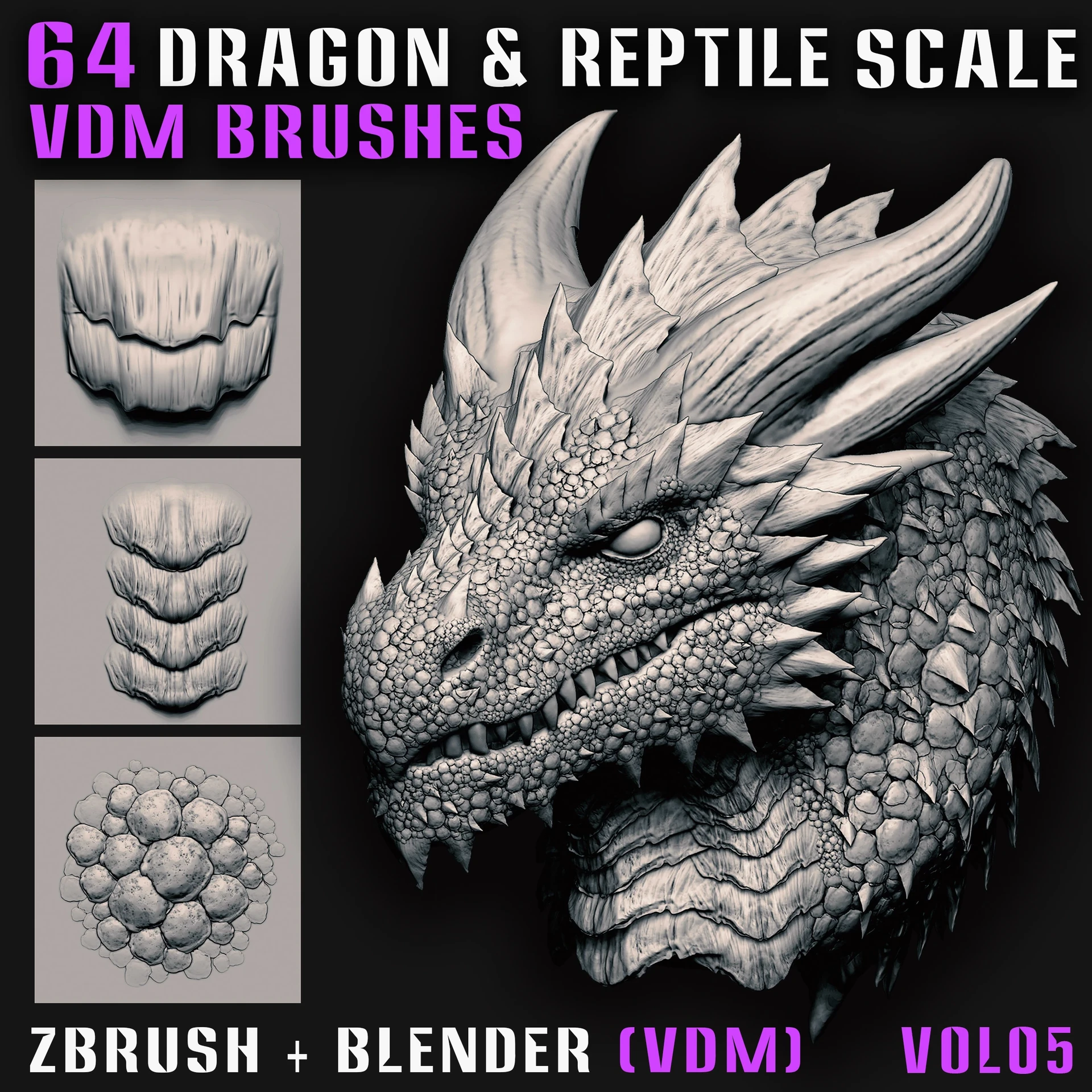 ArtStation - 64 Dragon & Reptile Scale VDM Brushes (Zbrush+Blender)-Vol05