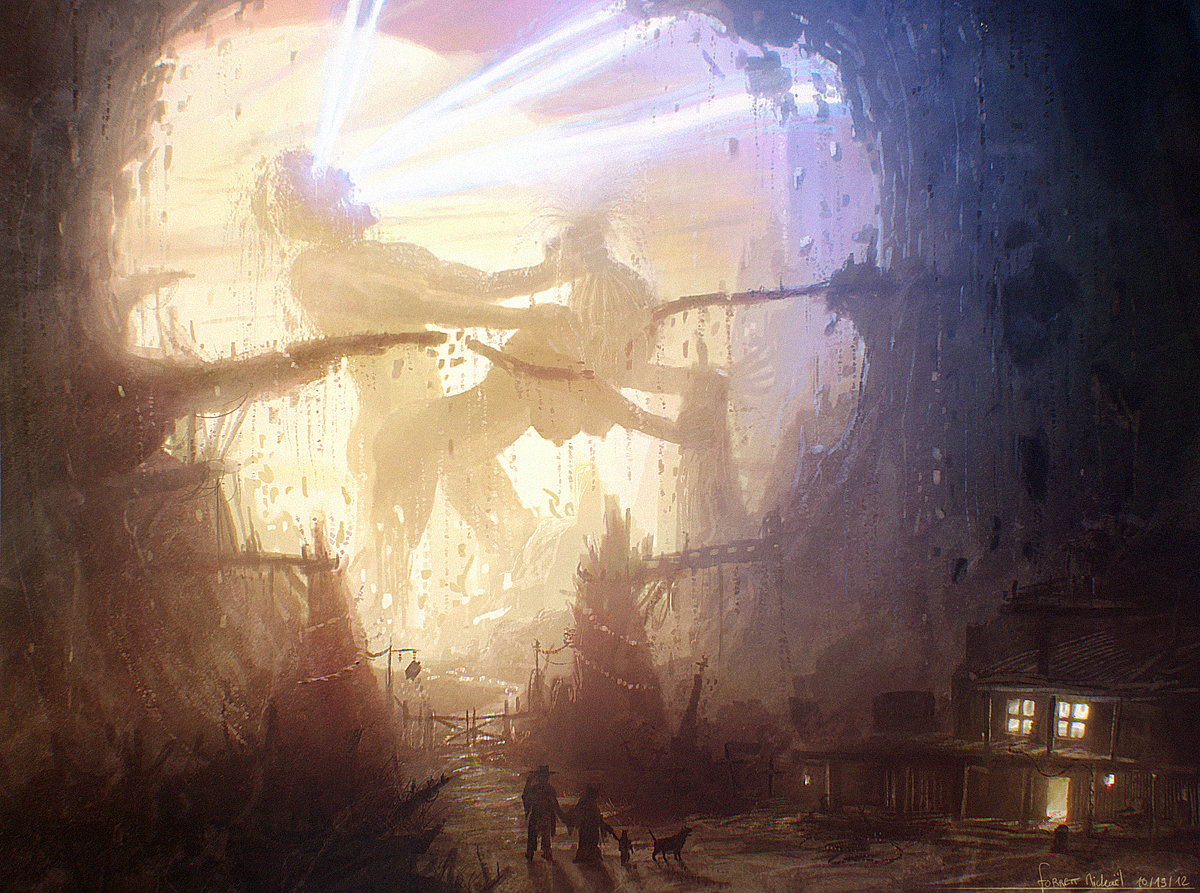 Guys I need a picture of 2 giants clashing and bystanders watching them ...