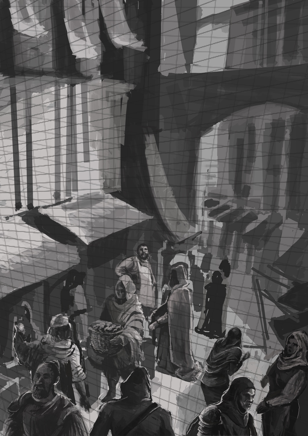 Julien SEROR - "Medieval marketplace", Tutorial of an illustration by Ignacio Bazan Lazcano