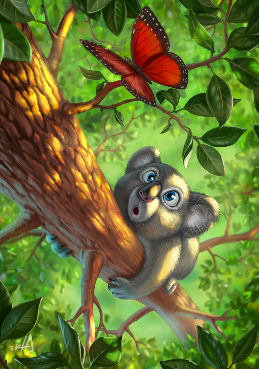 ArtStation - Little koala and butterfly