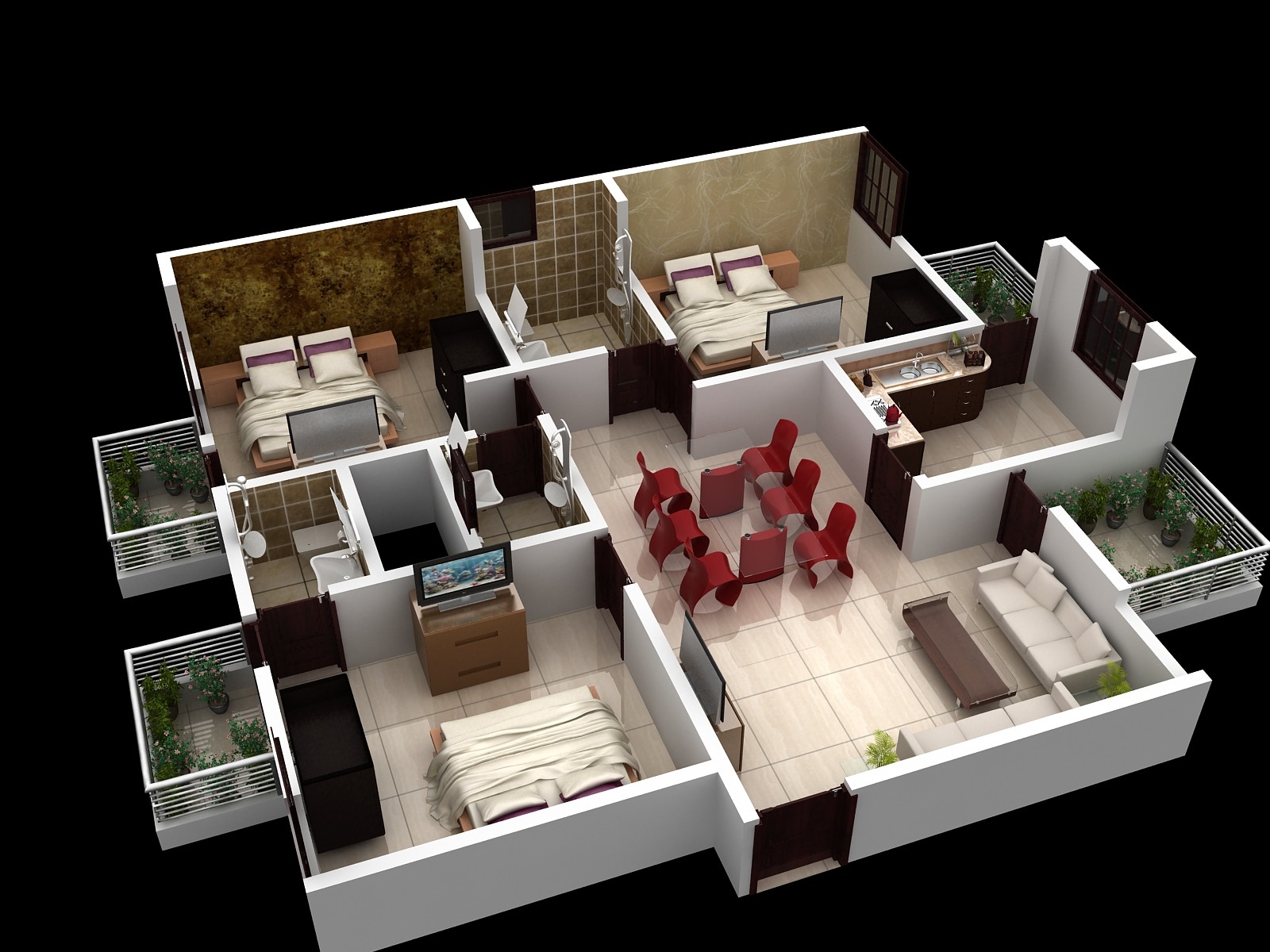 ArtStation - Three BHK Floor Plan Isometric View