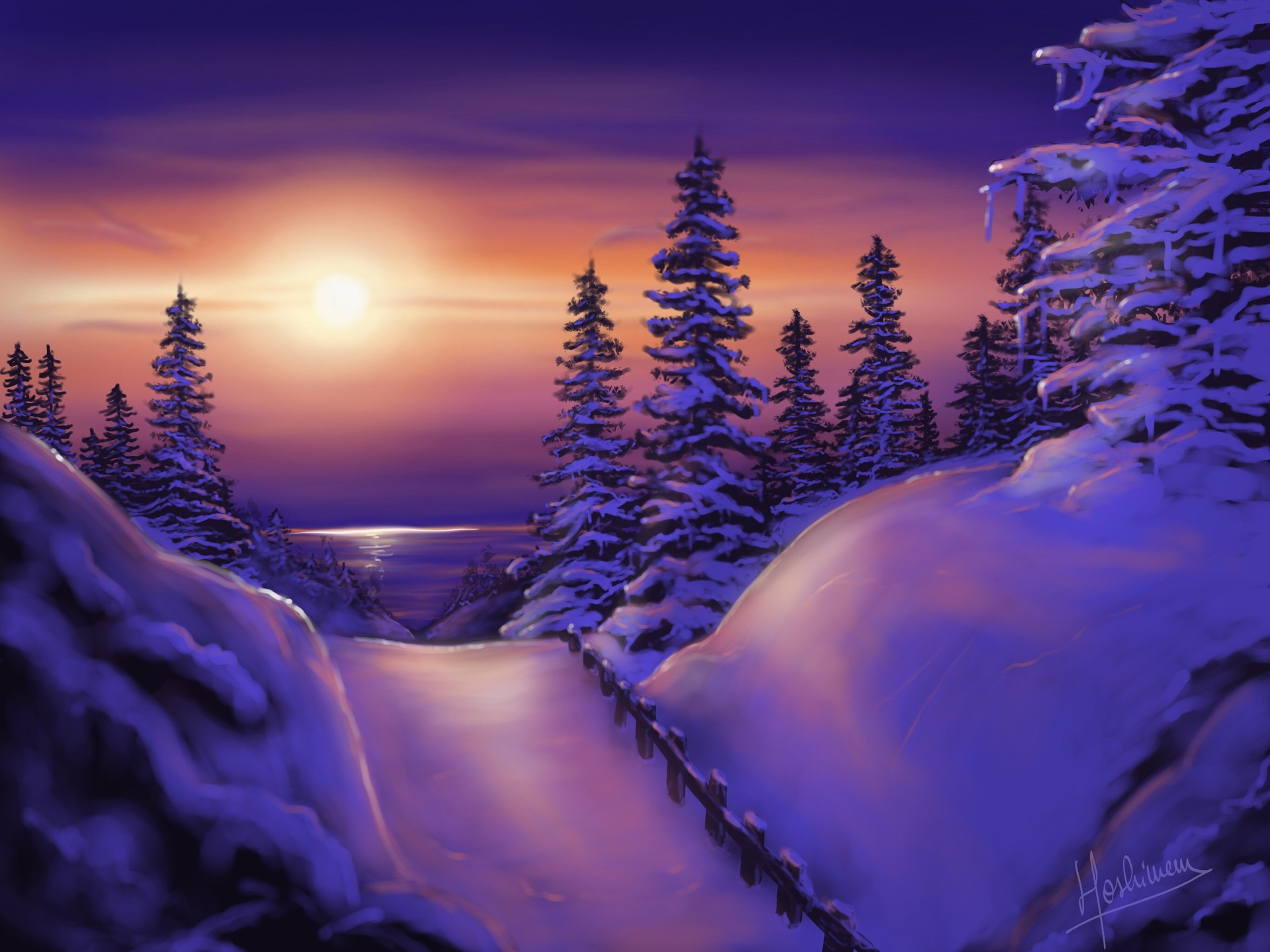 ArtStation - Sunset and snow.