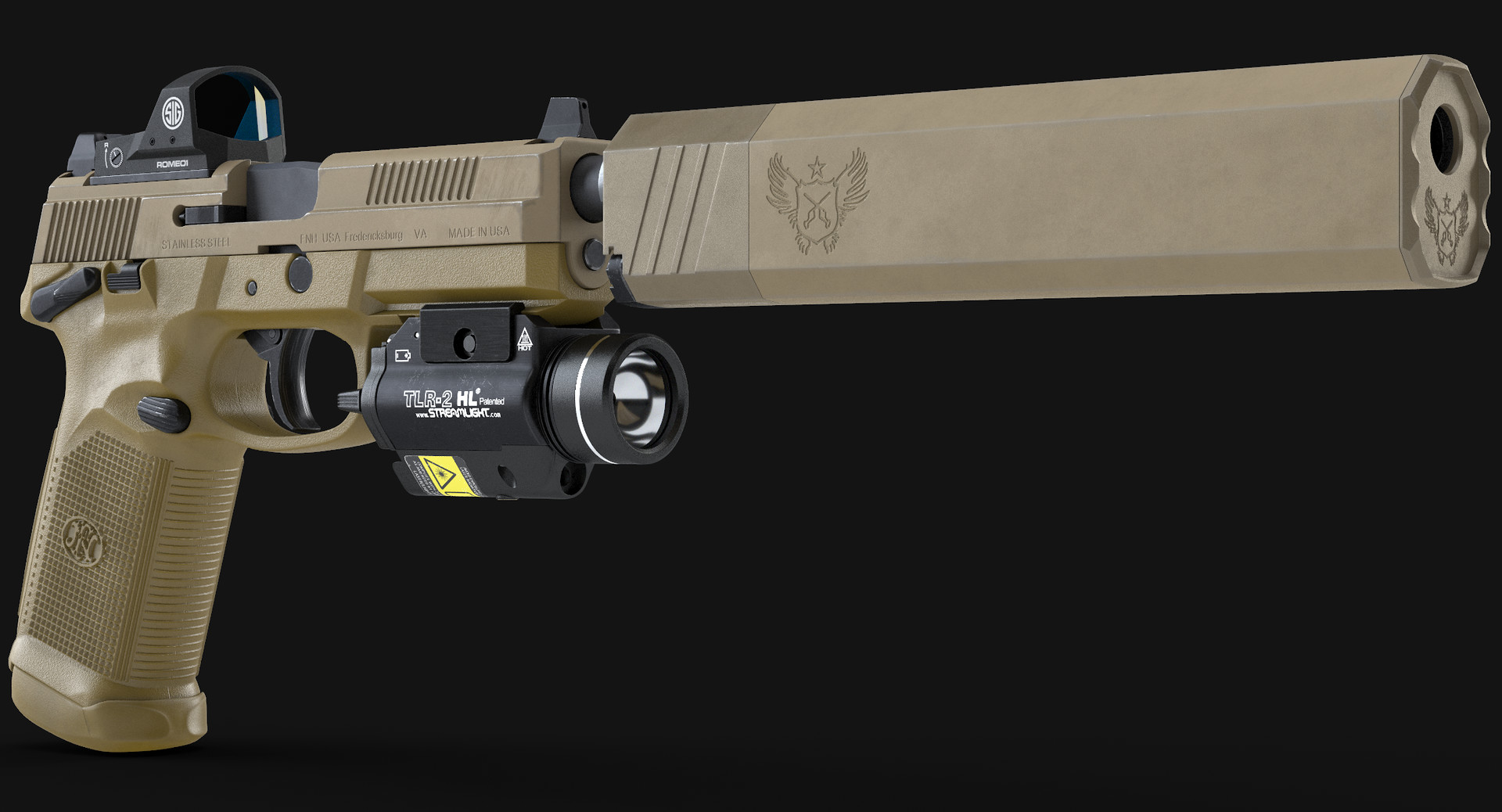 FMJ_3d - FN FNX-45 Tactical, Sight, Flashlight, Silencer (High-poly)