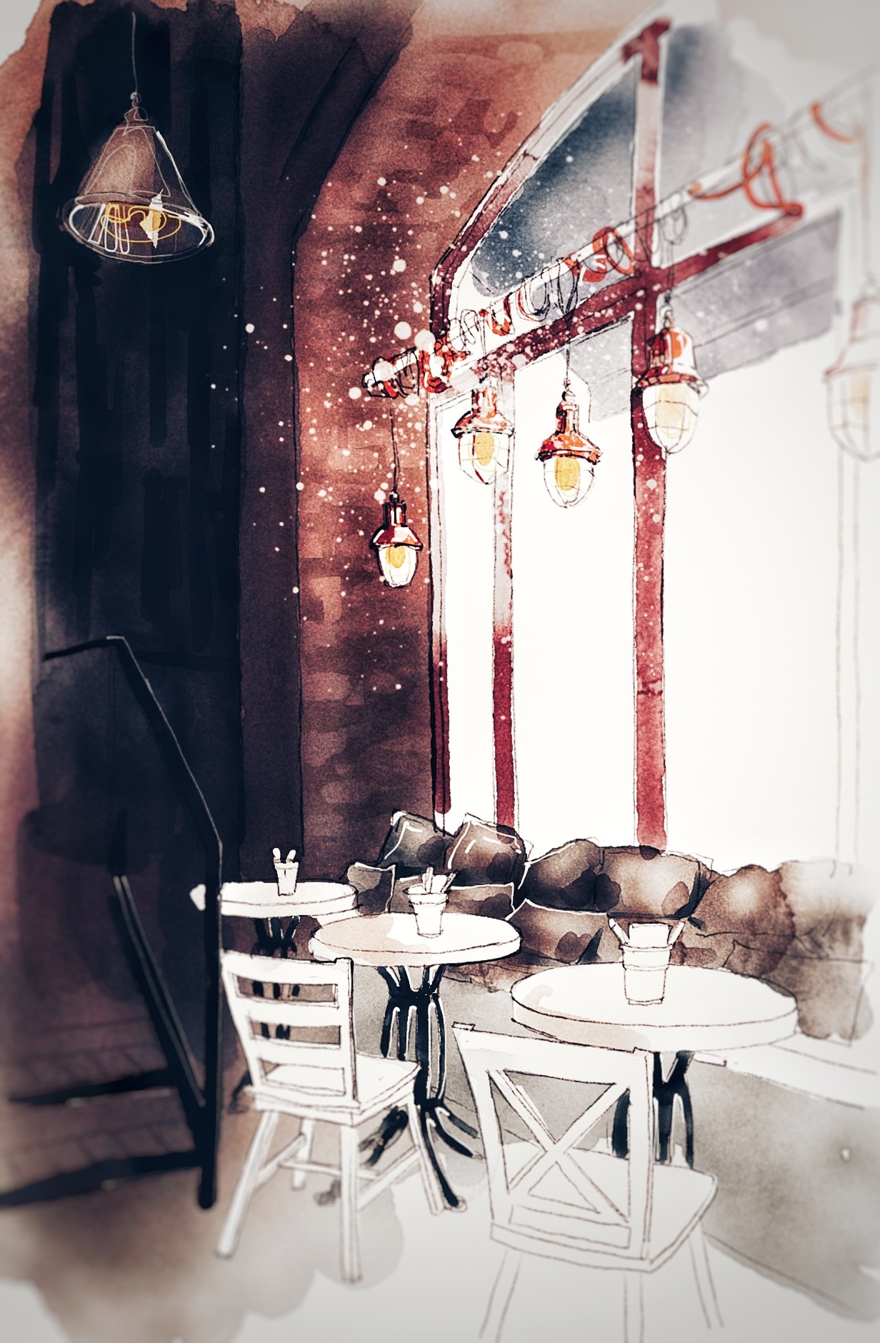 ArtStation - Sketch of the interior of the cafe.