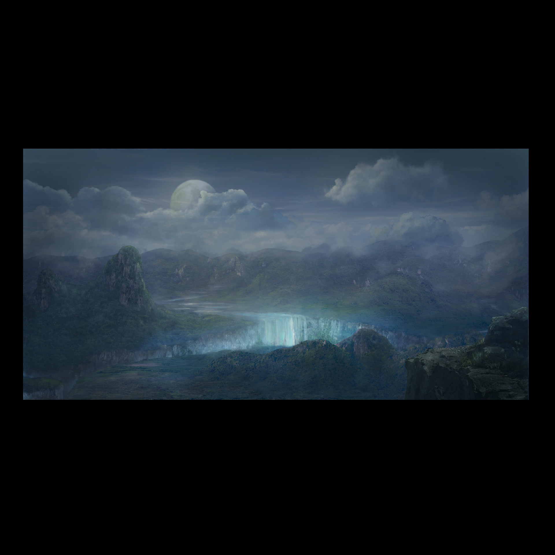 ArtStation - Waterfall in the moon night