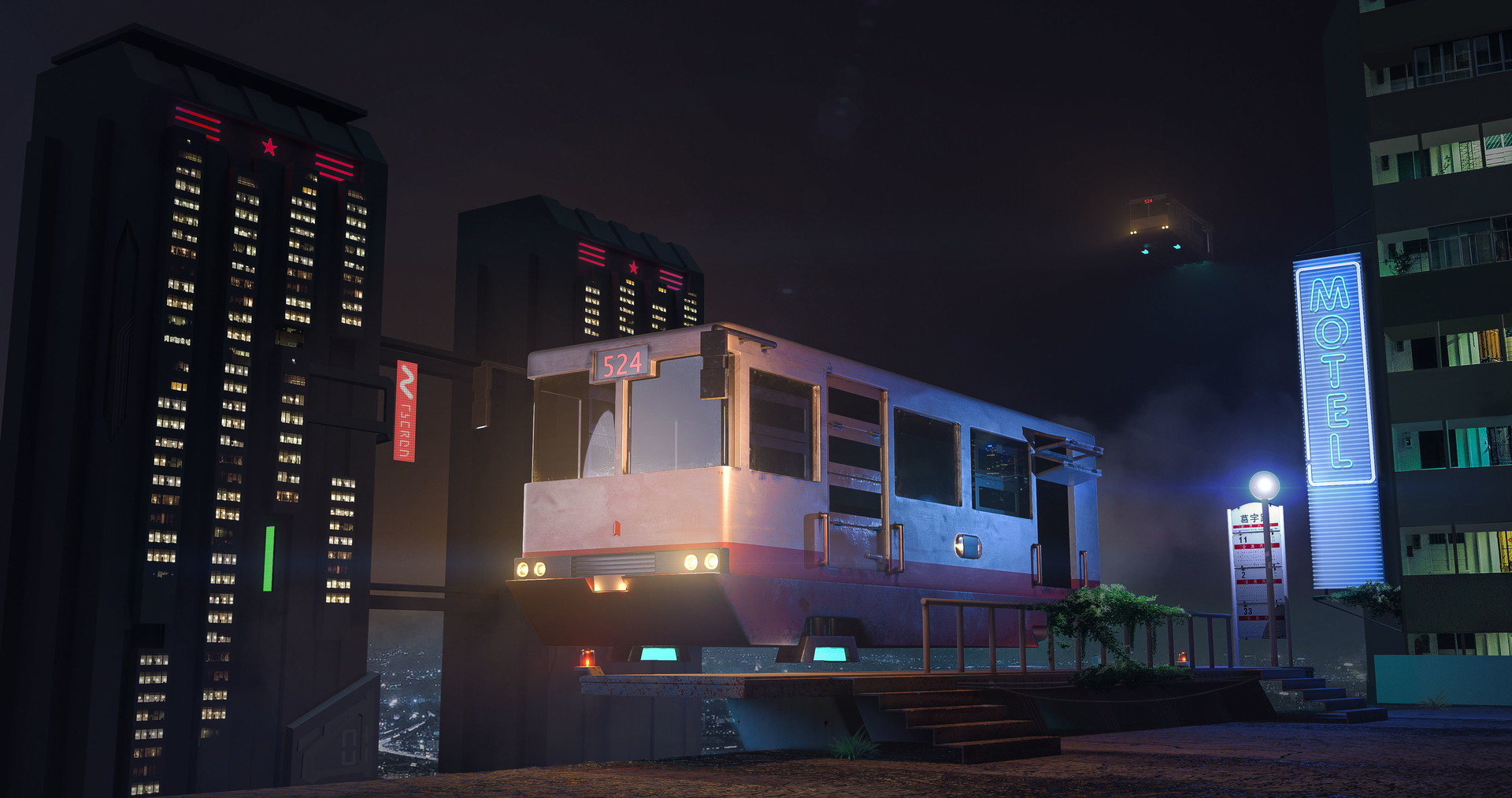 ArtStation - Cyberpunk bus station