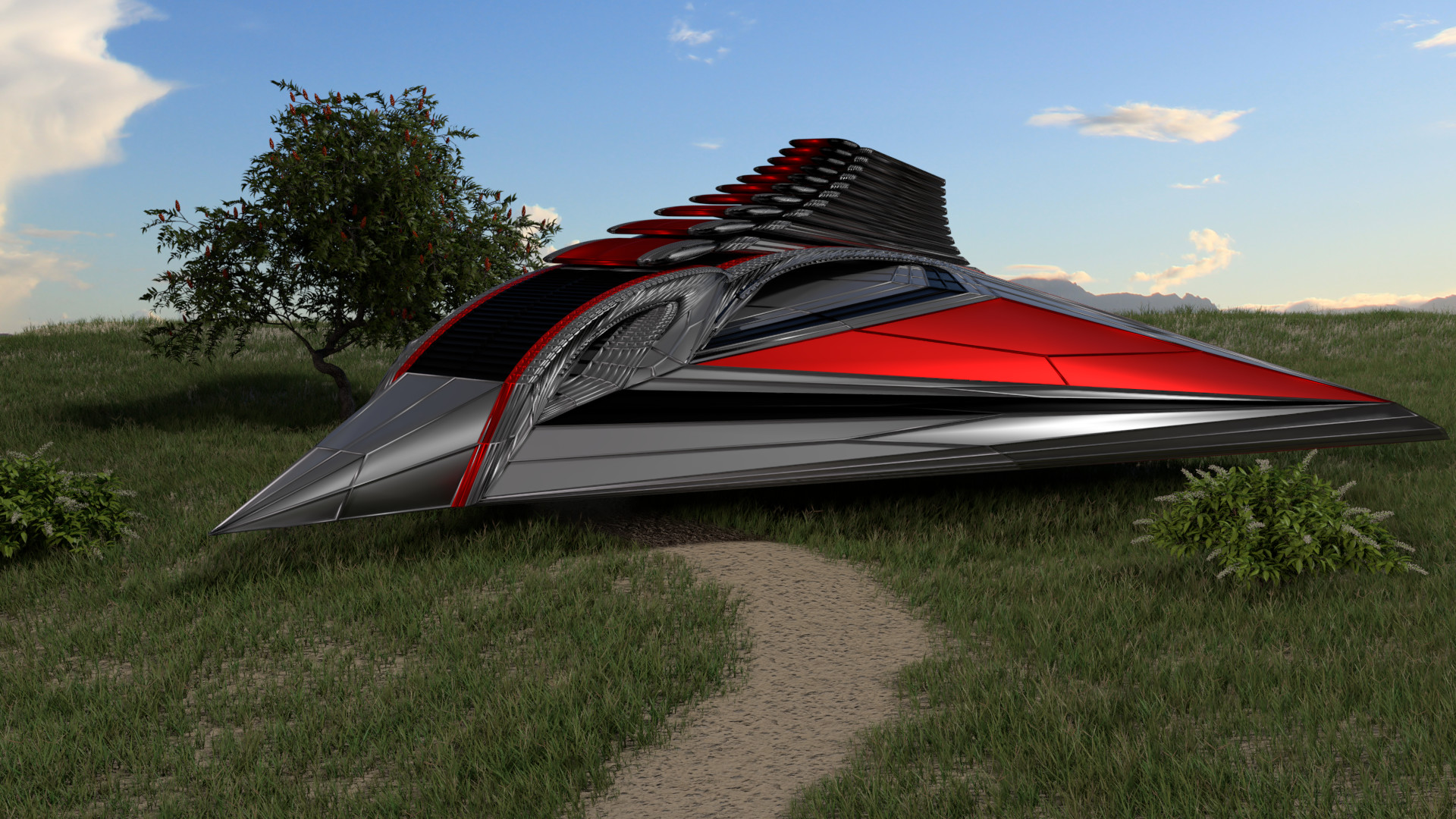 ArtStation - Alien ship landing on a grassy meadow