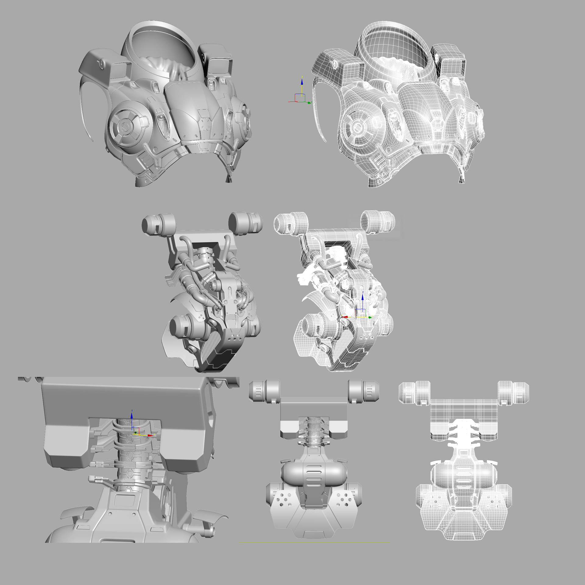 Noel Que - Mech (old WIP from 2016) (cont'd) - closeups and wireframe