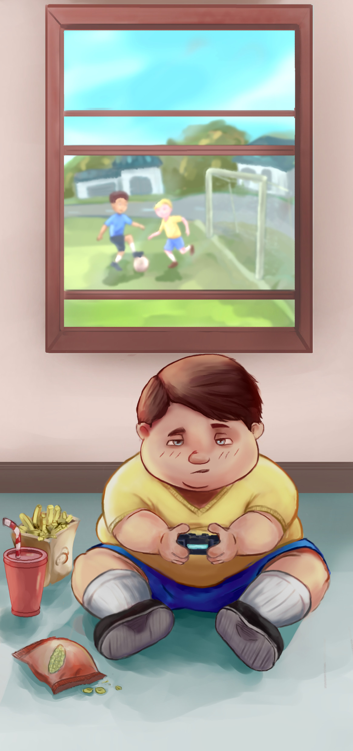 obese boy drawing