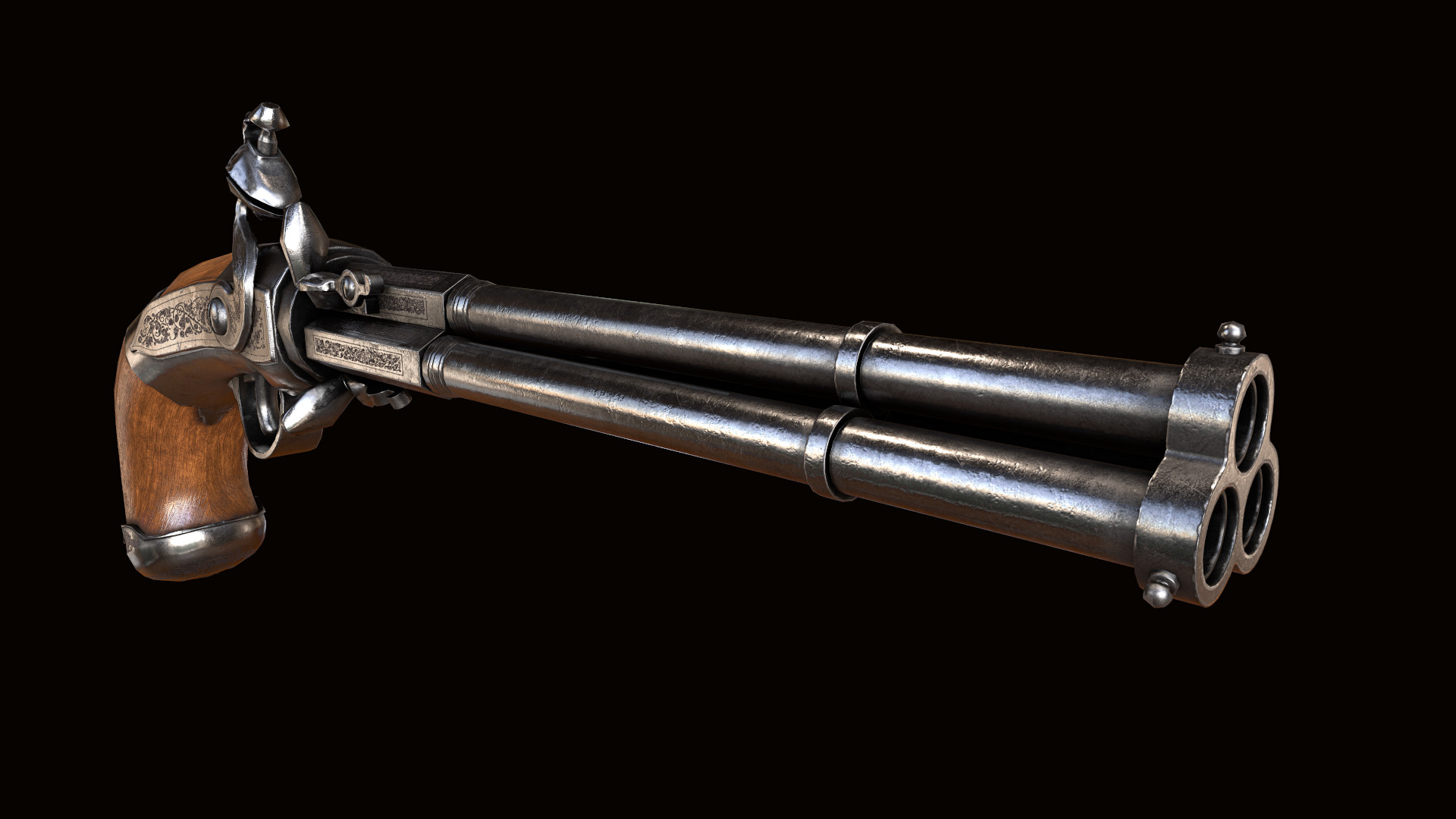Triple Barrel Flintlock Pistol