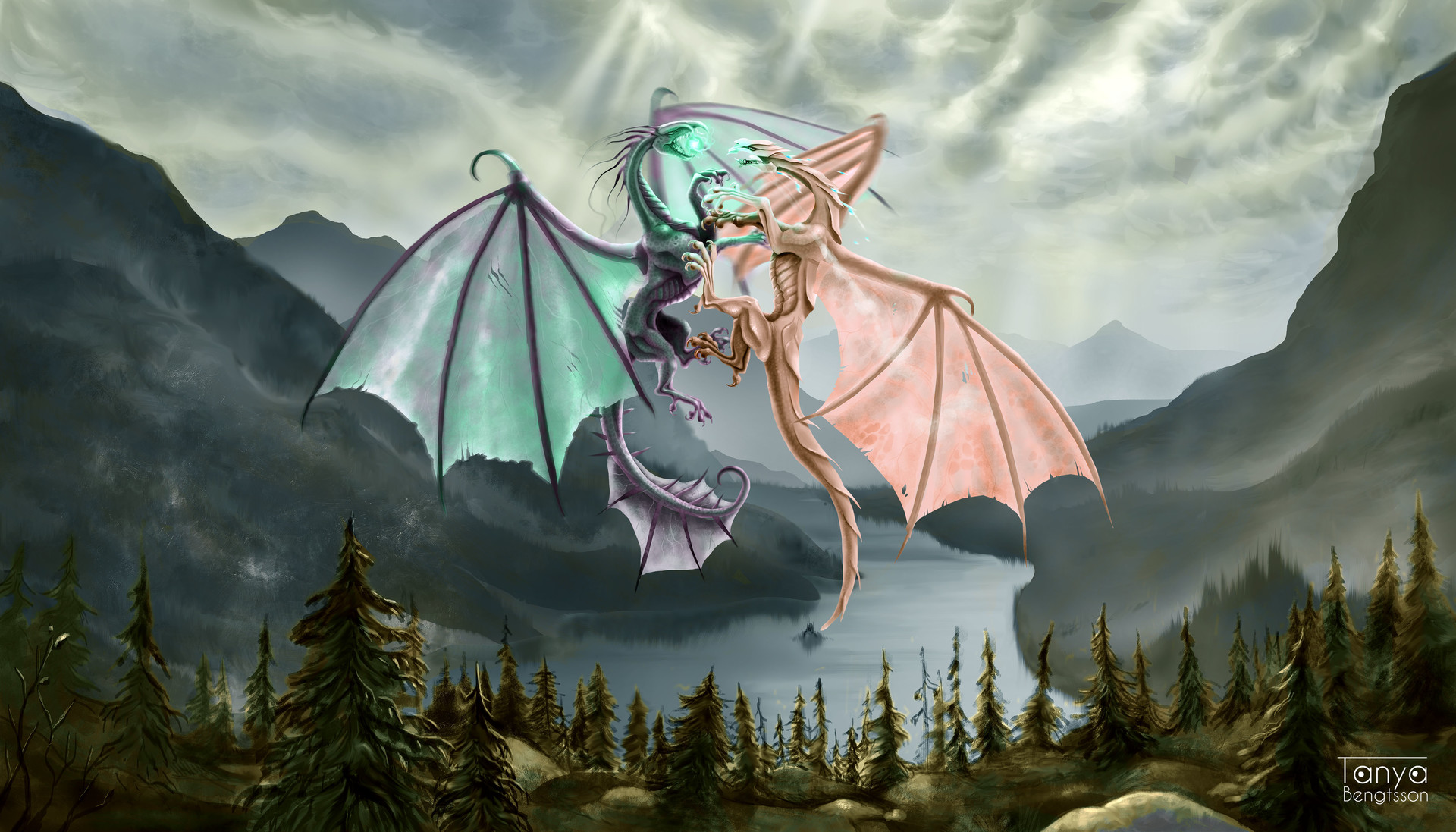 two dragons fighting