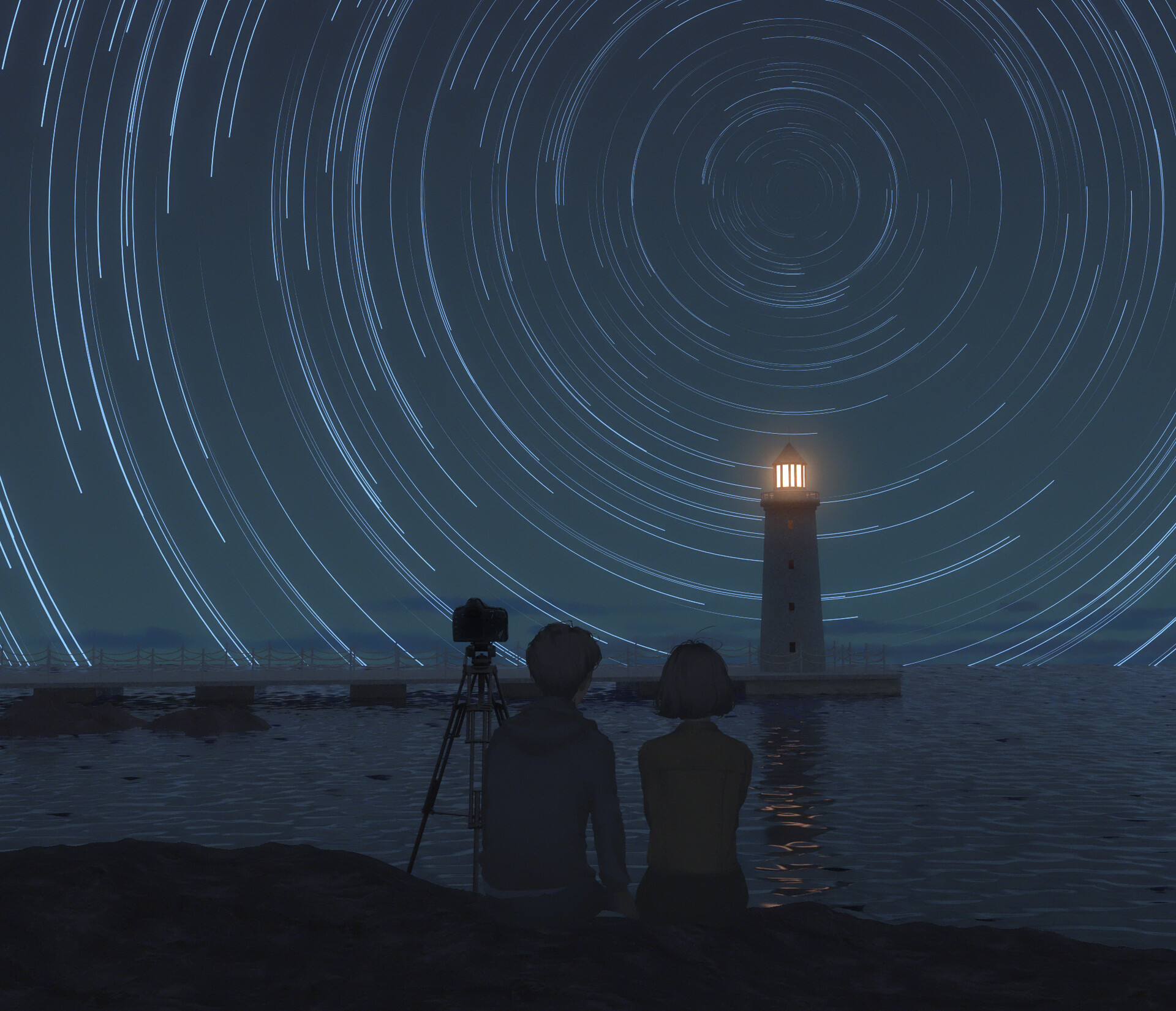 ArtStation - 3D reset illustration，seaside，star track，lighthouse