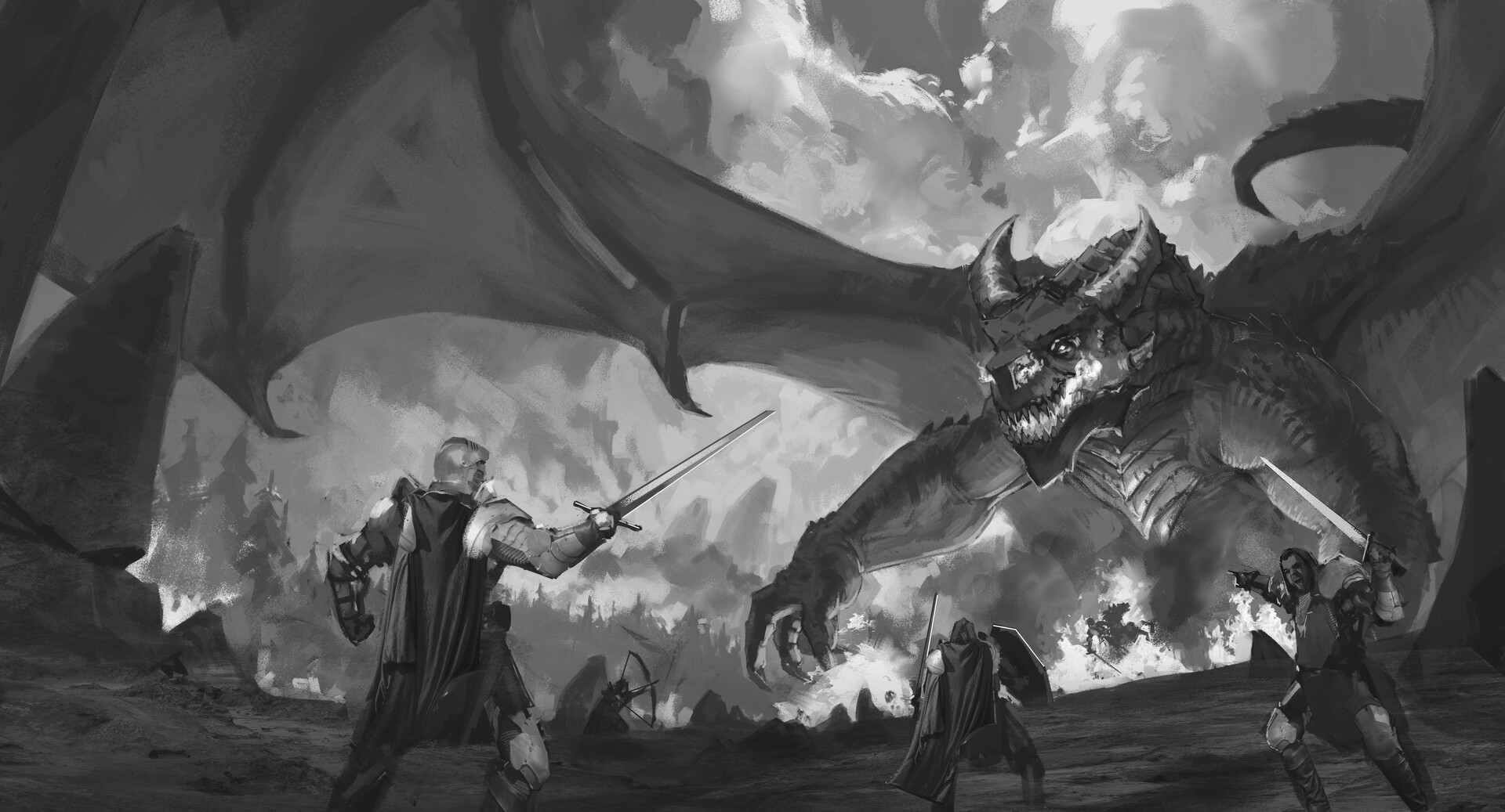 ArtStation - Dragon Battle B+W sketch