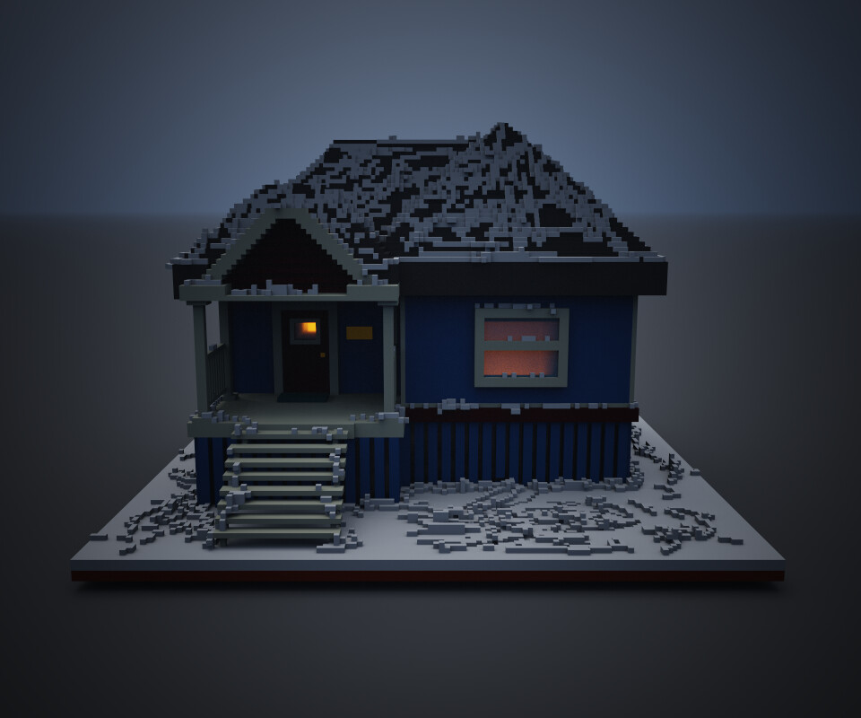 ArtStation - Snowy Voxel House At Night