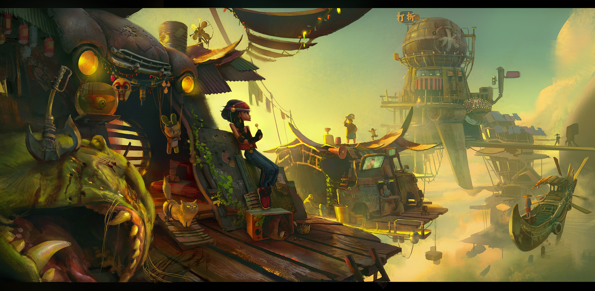 ArtStation - sky village robot and girl