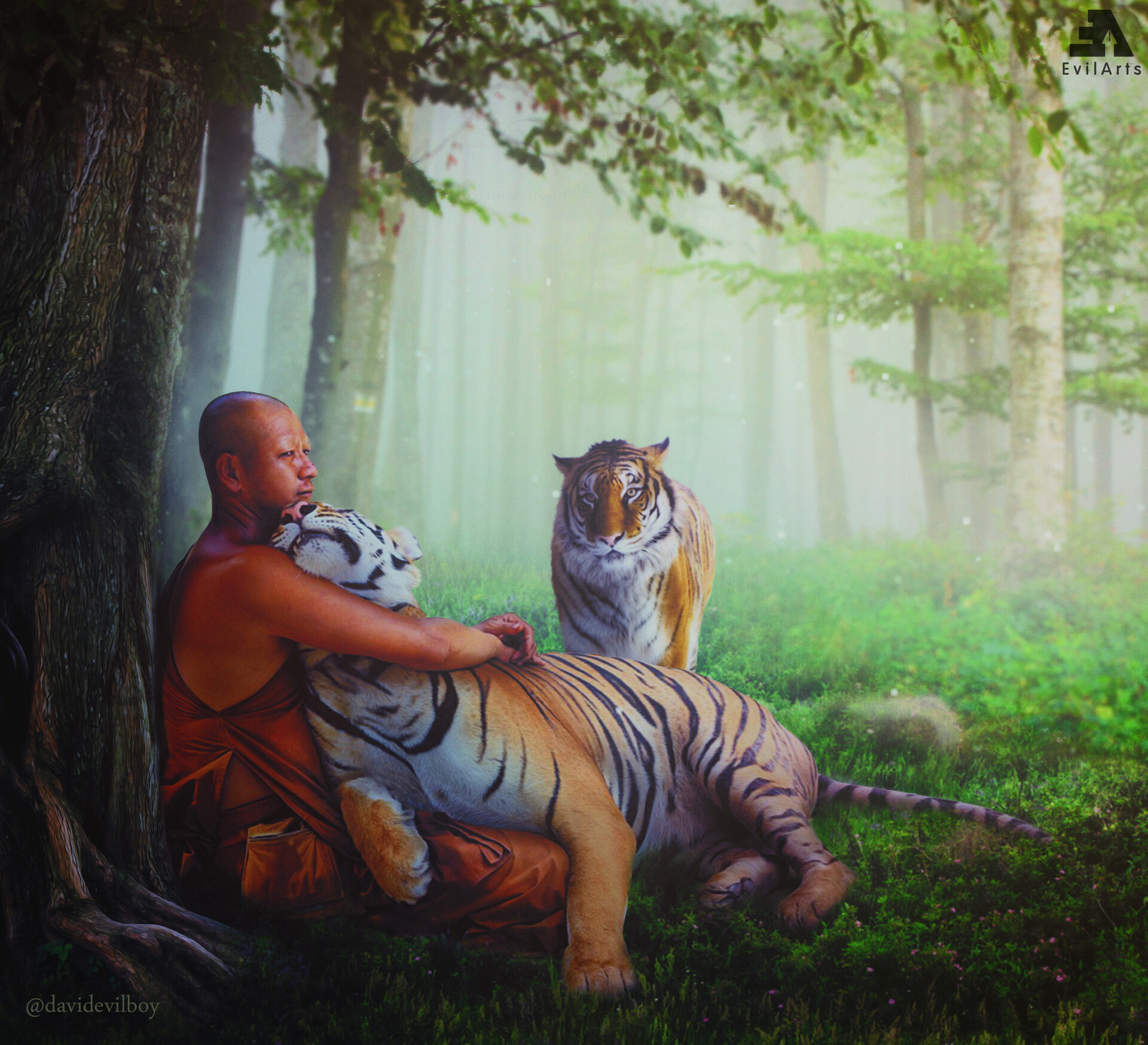 ArtStation - Buddhist monk with tigers