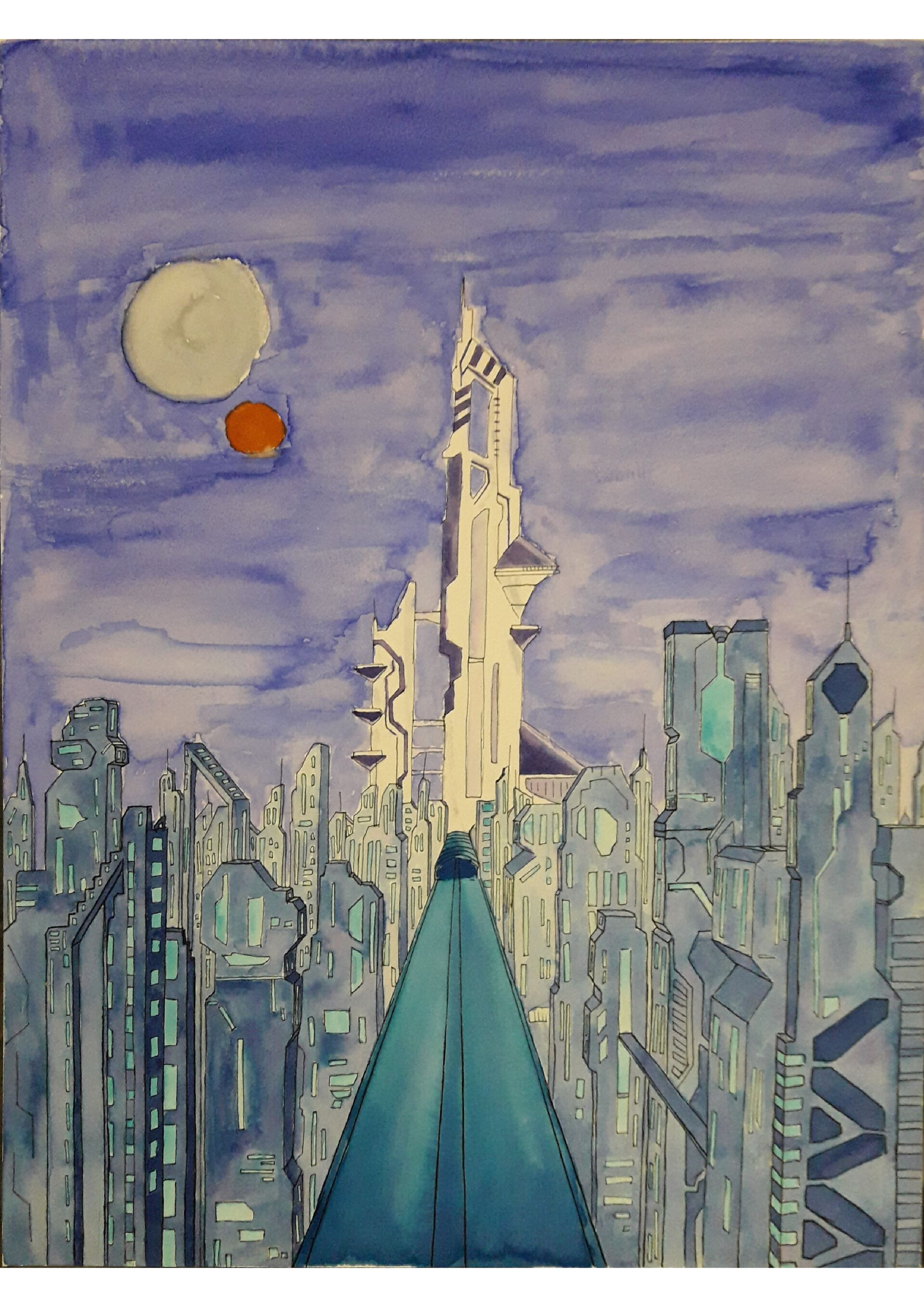 ArtStation - Planeptune by Night - Ink and Watercolor