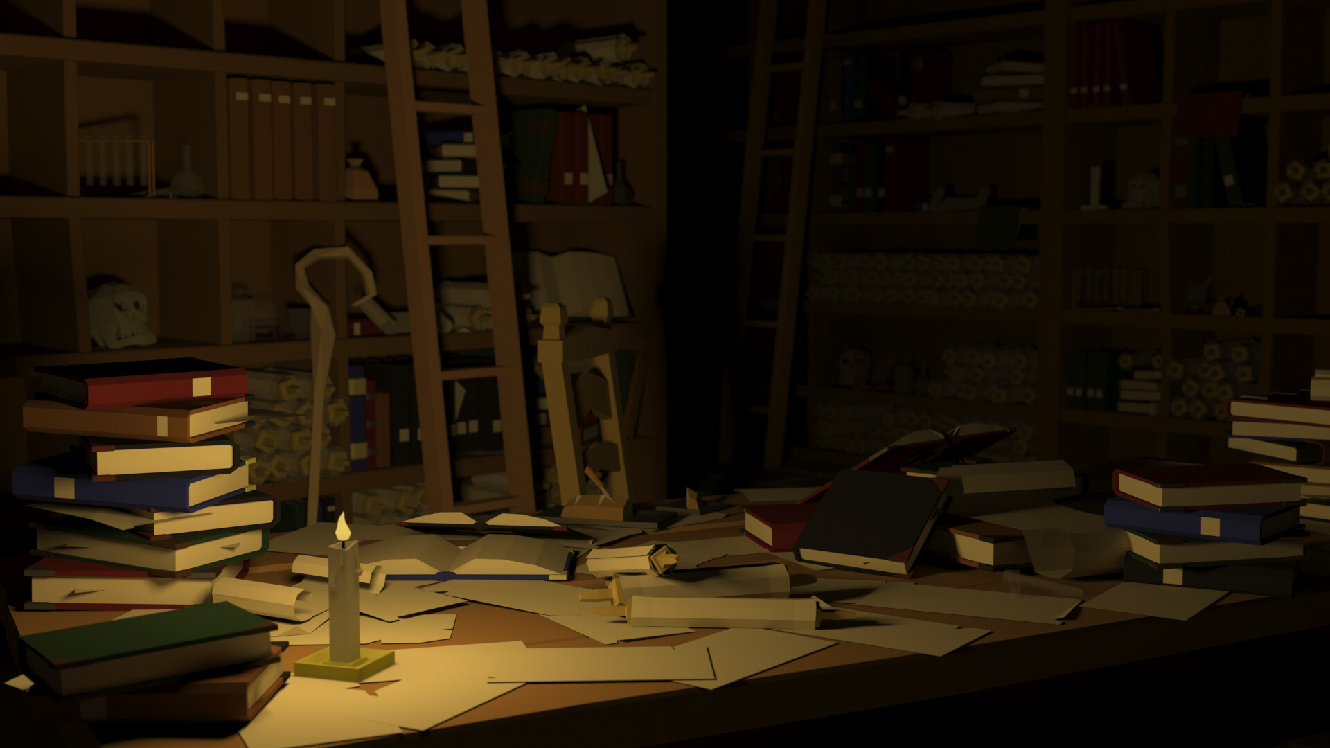 Low Poly Cluttered Library by Jason Nelson : r/ImaginaryLibraries