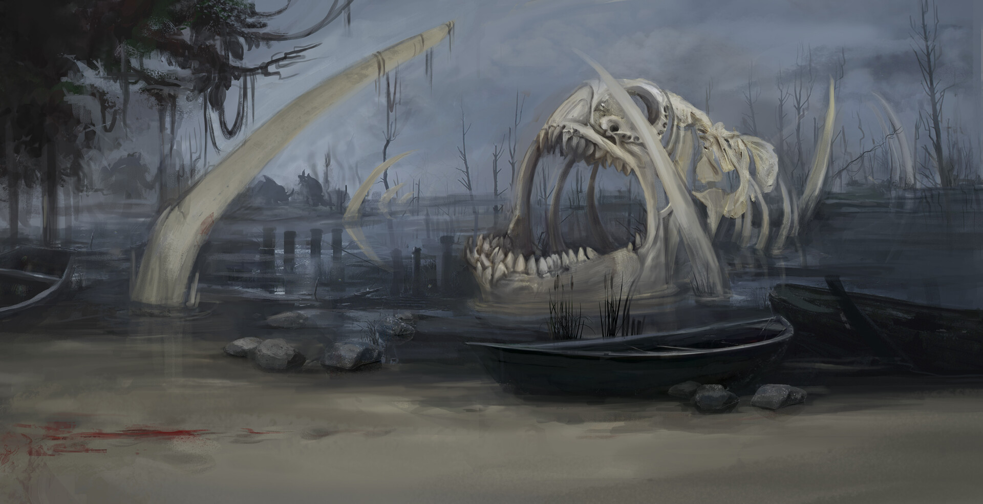 Polina Udovenko - Dark environment. Skeleton of fish in a marshland.