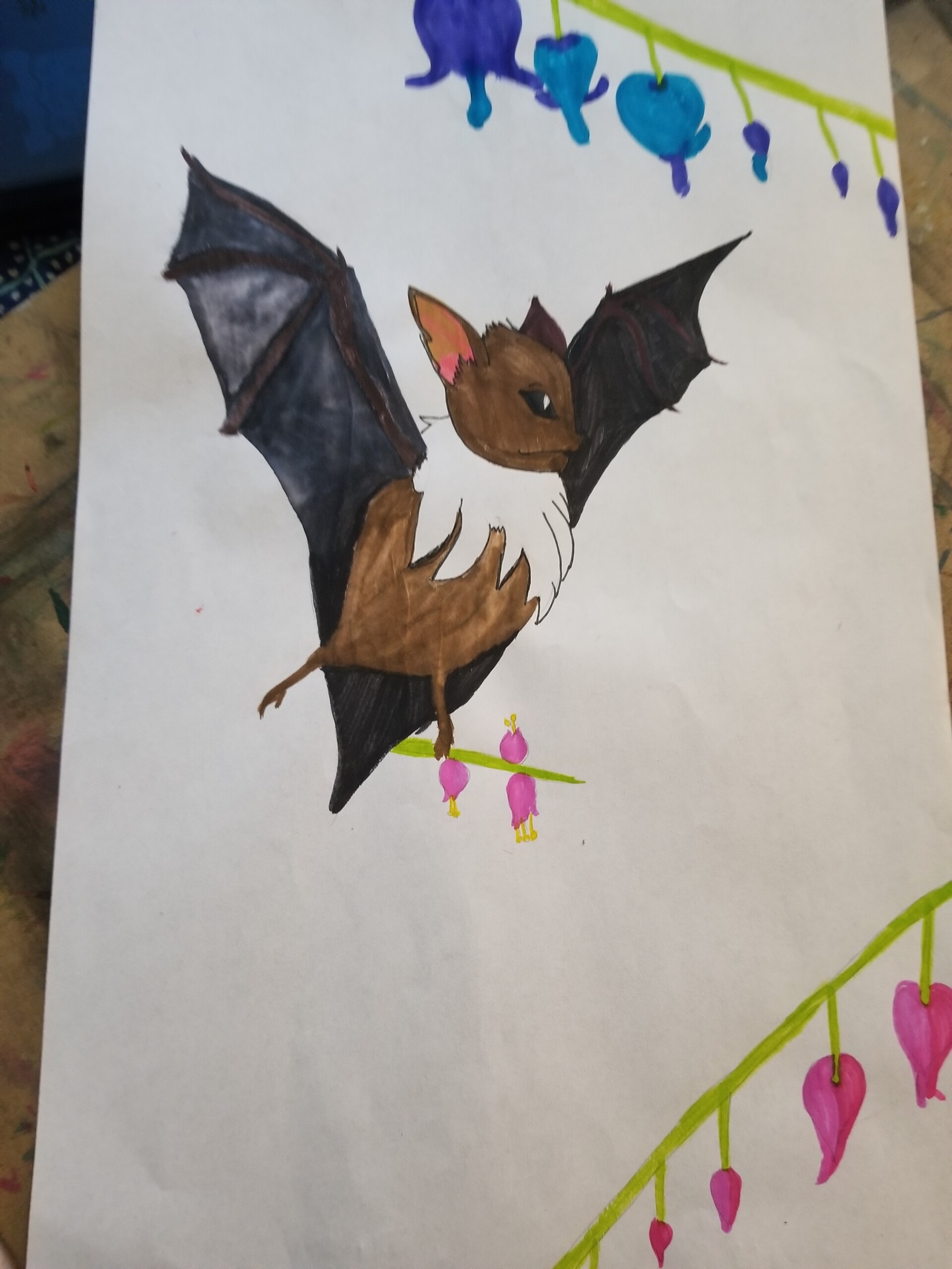 ArtStation - Bat and bleeding hearts flowers #inktober#