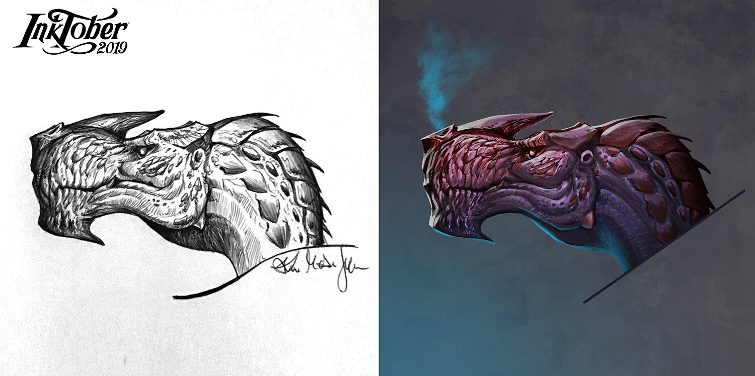 ArtStation - Inktober dragon heads coloring