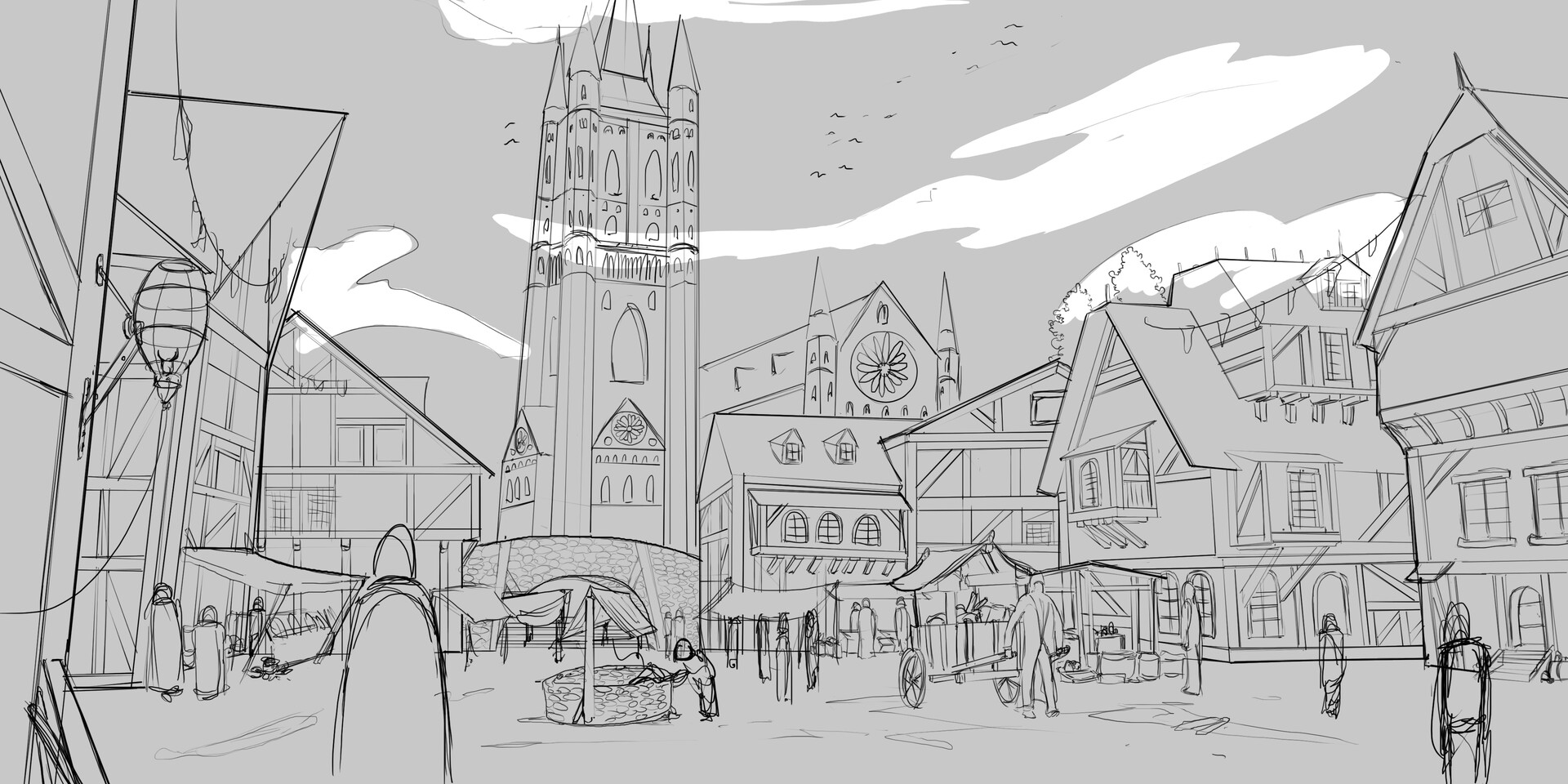 Medieval Marketplace Drawing