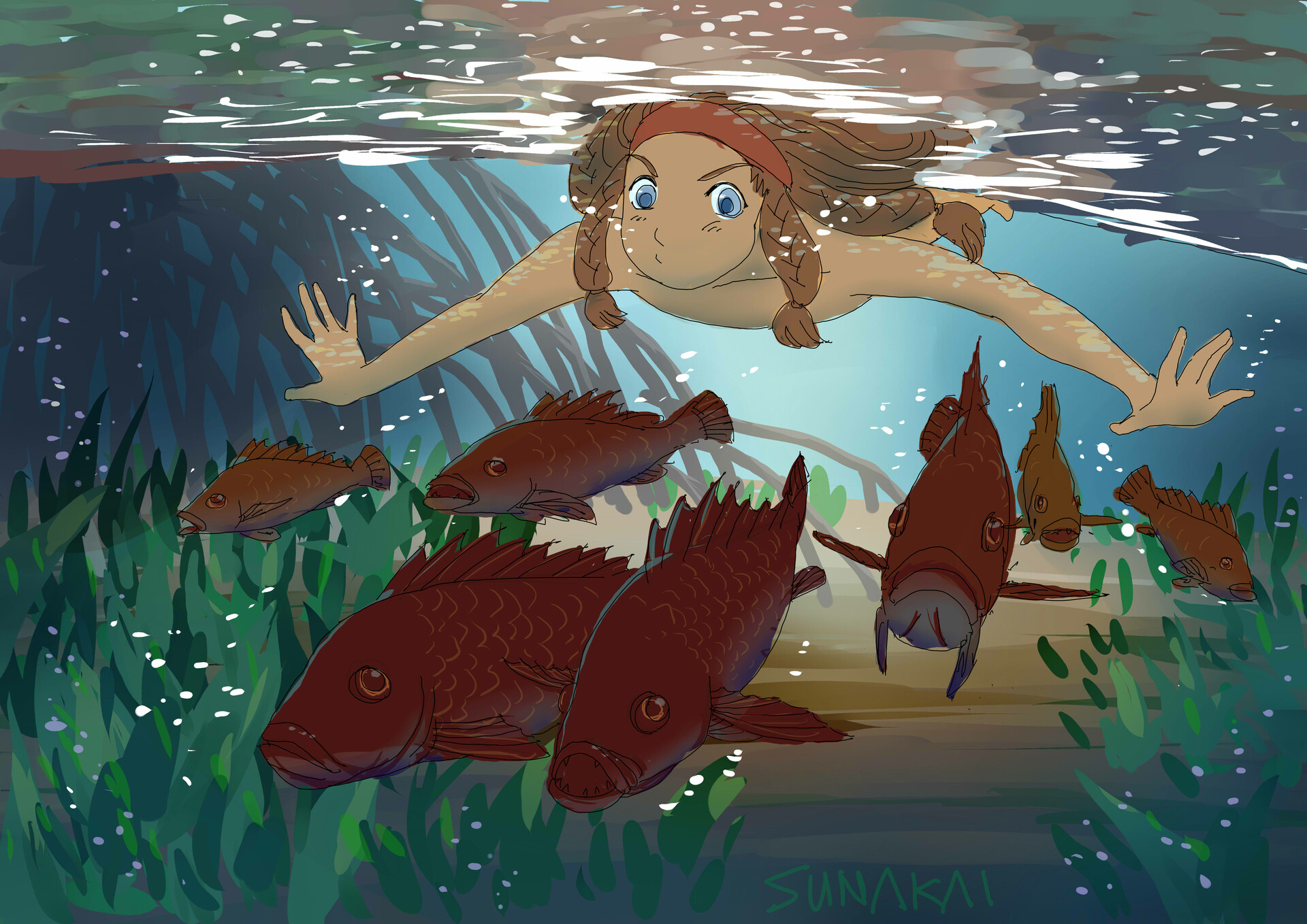 ArtStation - Swimming with the red snappers in mangrove river