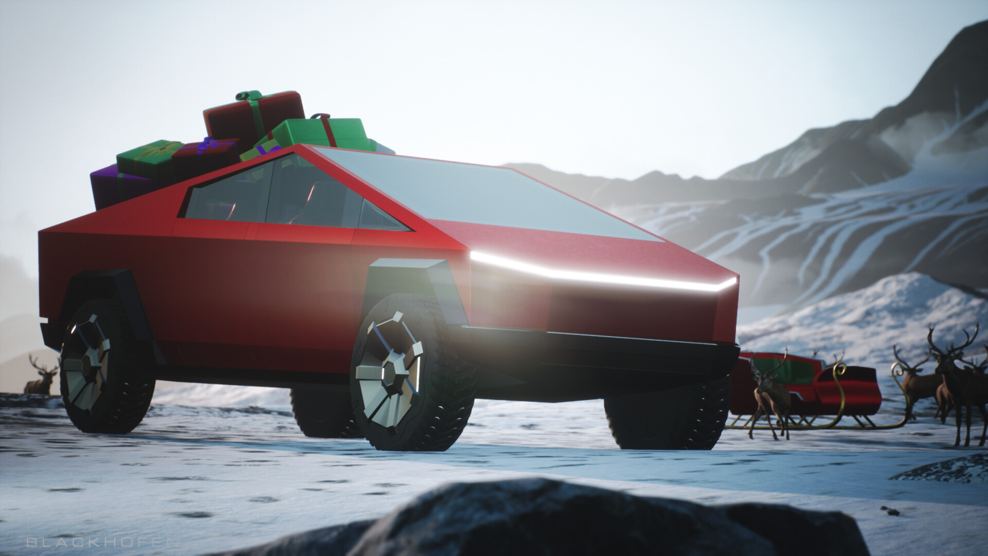 ArtStation - Santa Claus in Christmas Cybertruck Is Coming To Town