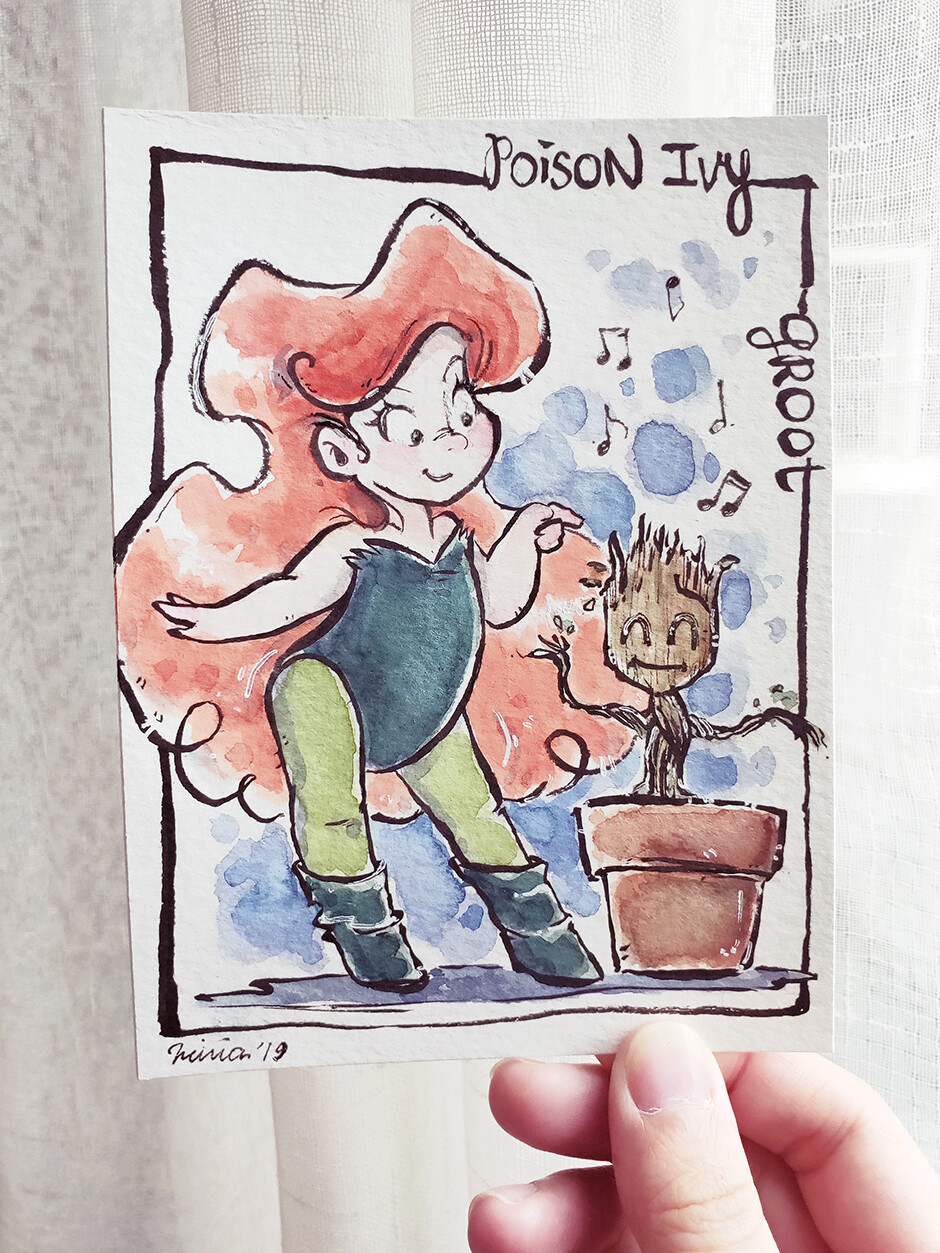Trivia Goh - Poison Ivy from Gotham + Baby Groot (Ink & Watercolor)