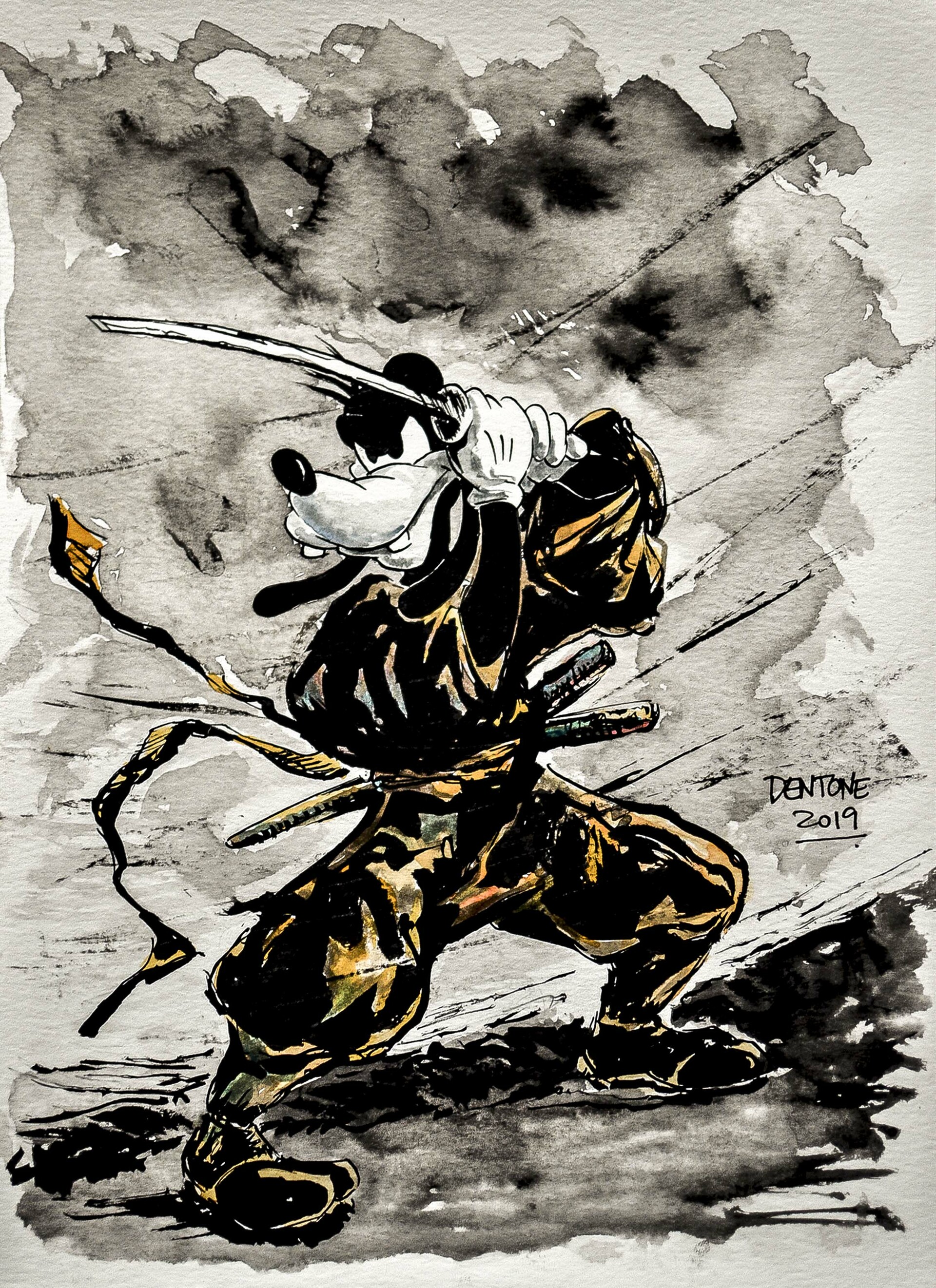 Marco Dentone - Goofy Samurai / Ink wash / Watercolors
