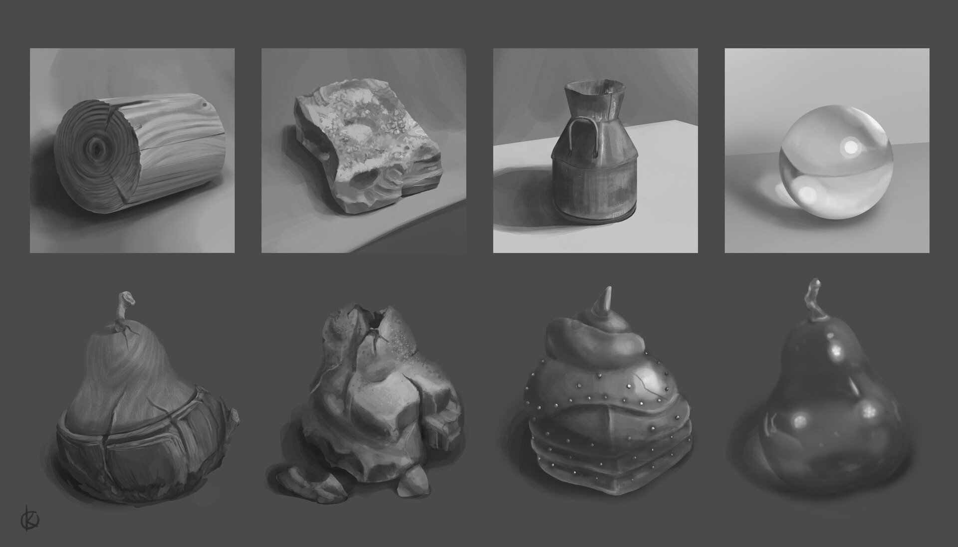 ArtStation - Academic Drawing of materials (wood, stone, metal, glass)