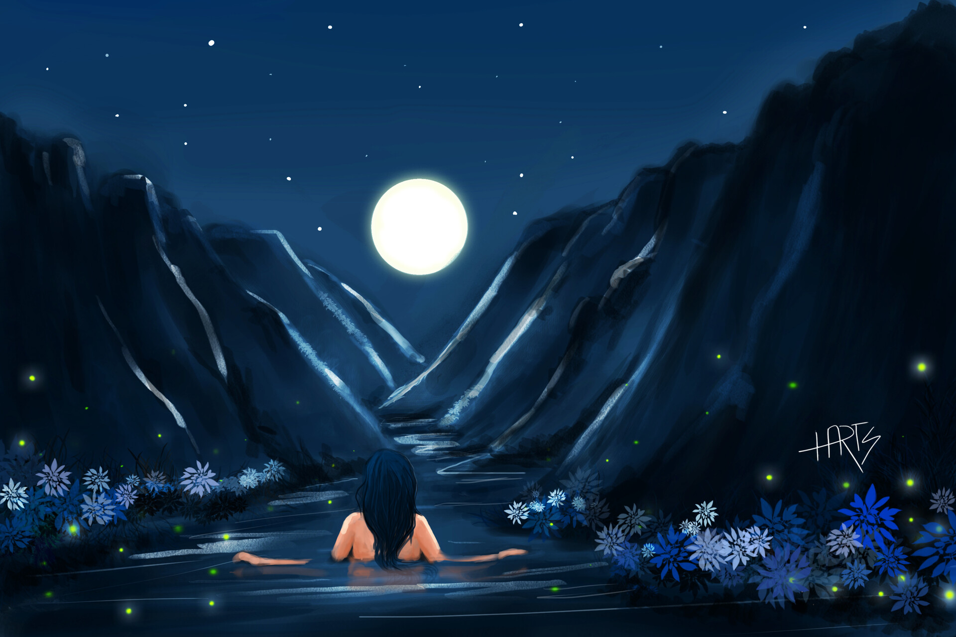 ArtStation - Moonlight bath from the middle of the mountain