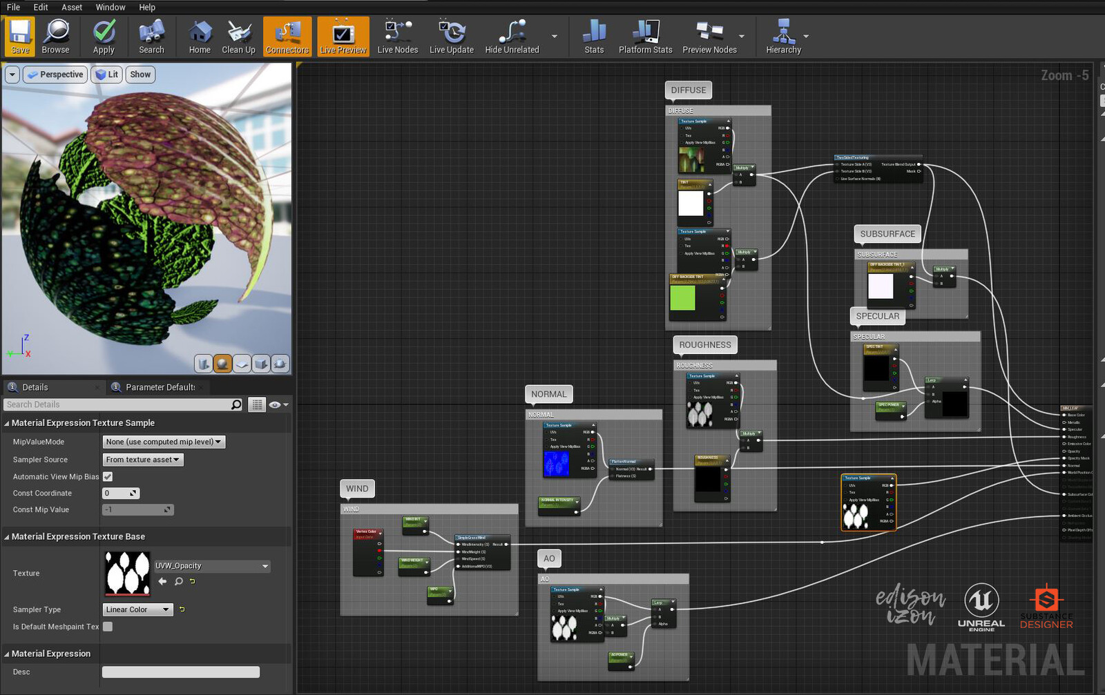 Edison - Procedural Leaf Texture To Unreal Engine Material Workflow Study.