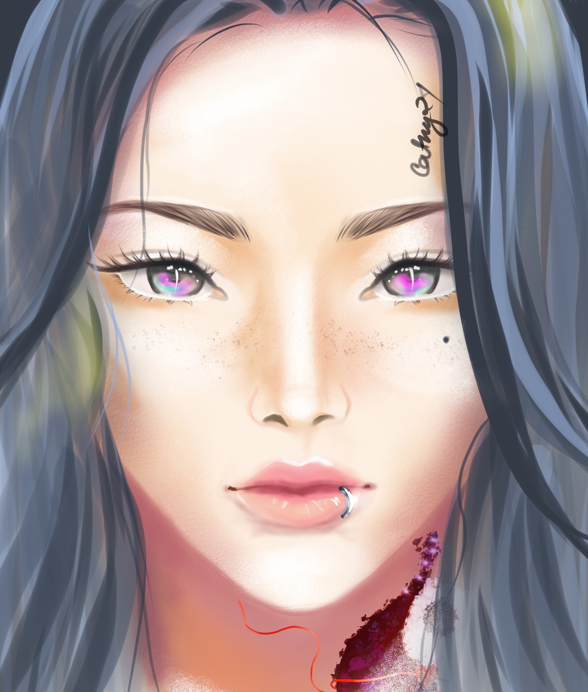 ArtStation - Black hair Punk girl lip piercing