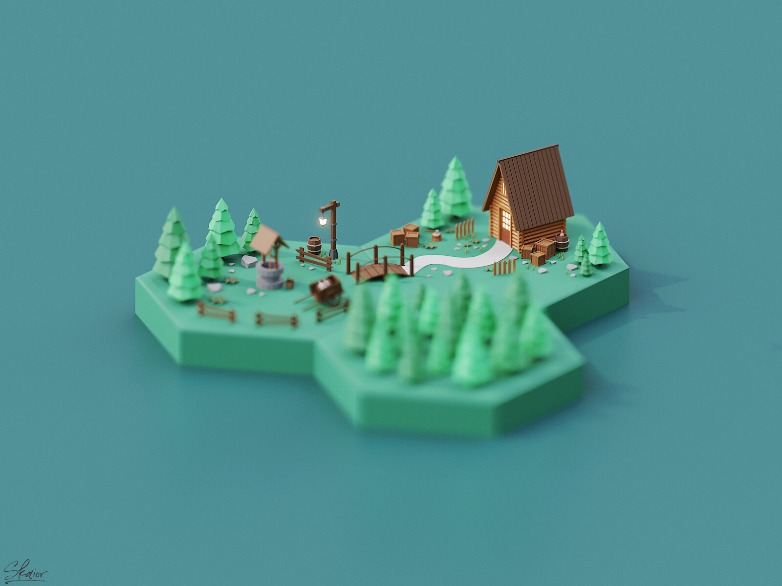 ArtStation - Low Poly Isometric Cabin Hex Scene