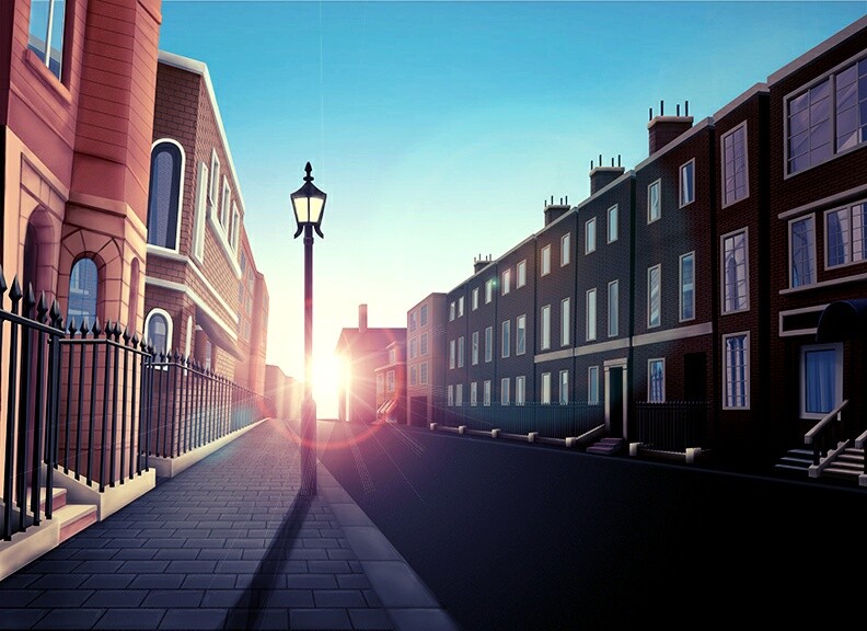 ArtStation - Rising sun street-view Digital Painting.