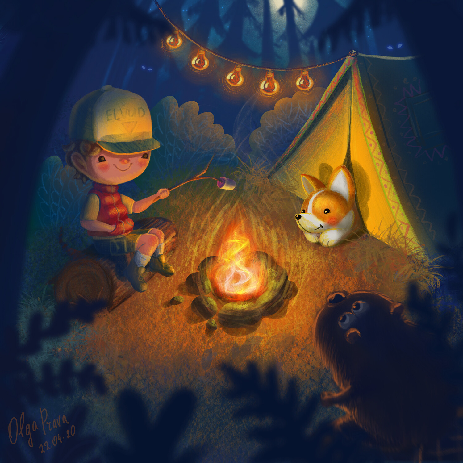 ArtStation - Illustration on theme “tent”, camp in forest with fire ...