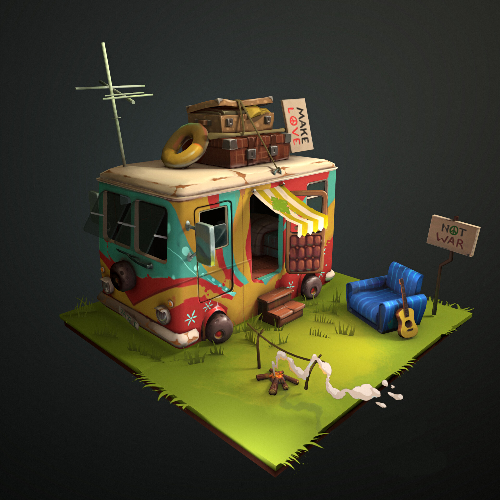 ArtStation - Stylized camp of Hippies