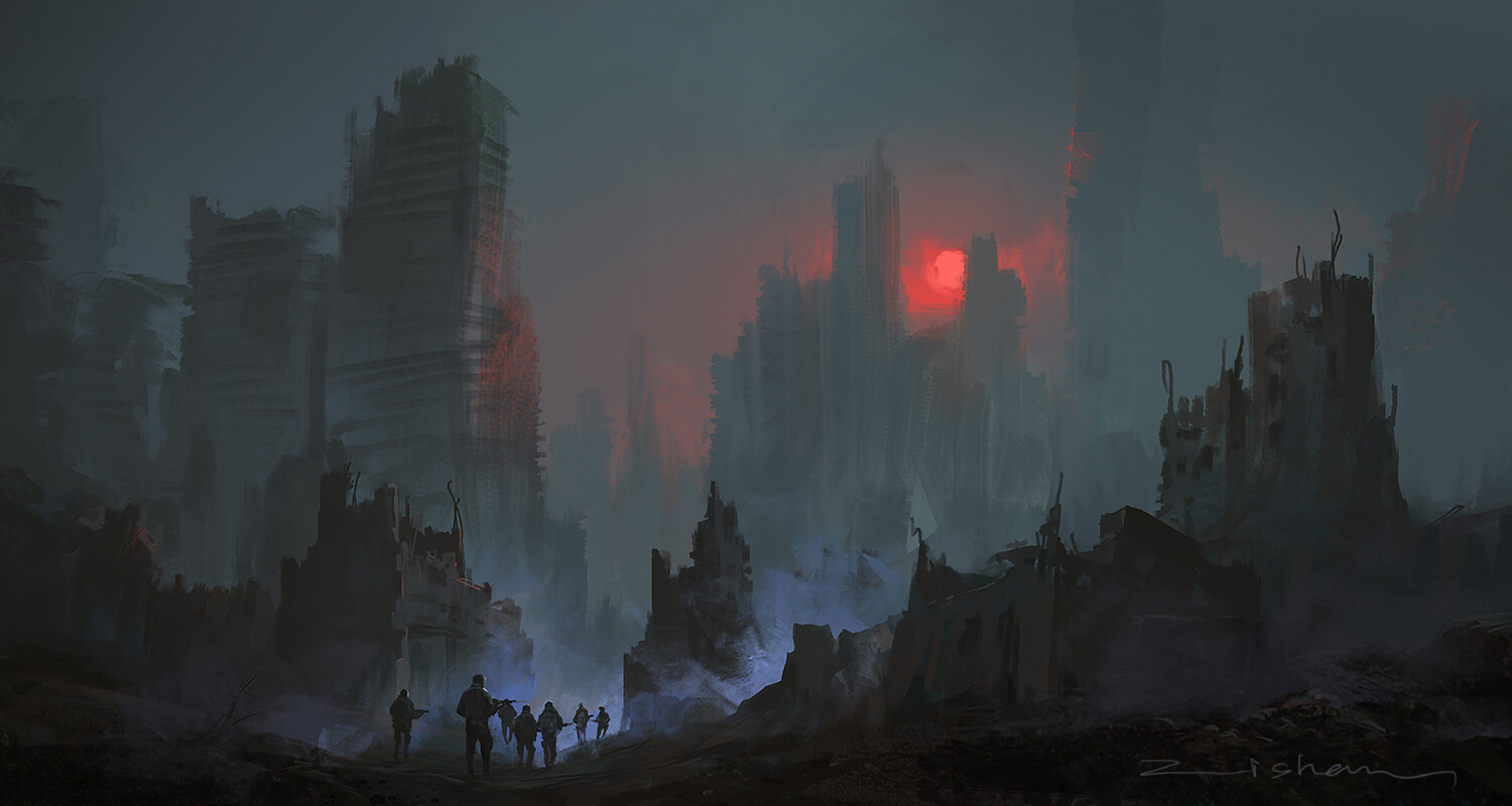 ArtStation - A team of soldiers walk in the city after the nuclear war.