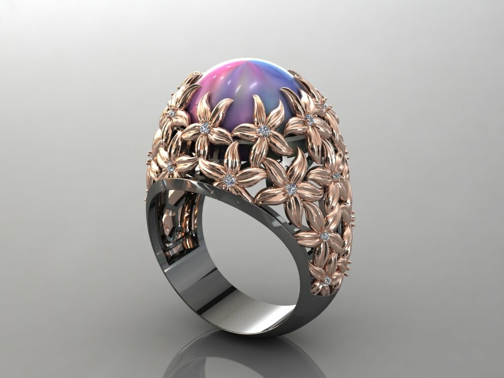ArtStation - Flower ring design with diamond and opal stone