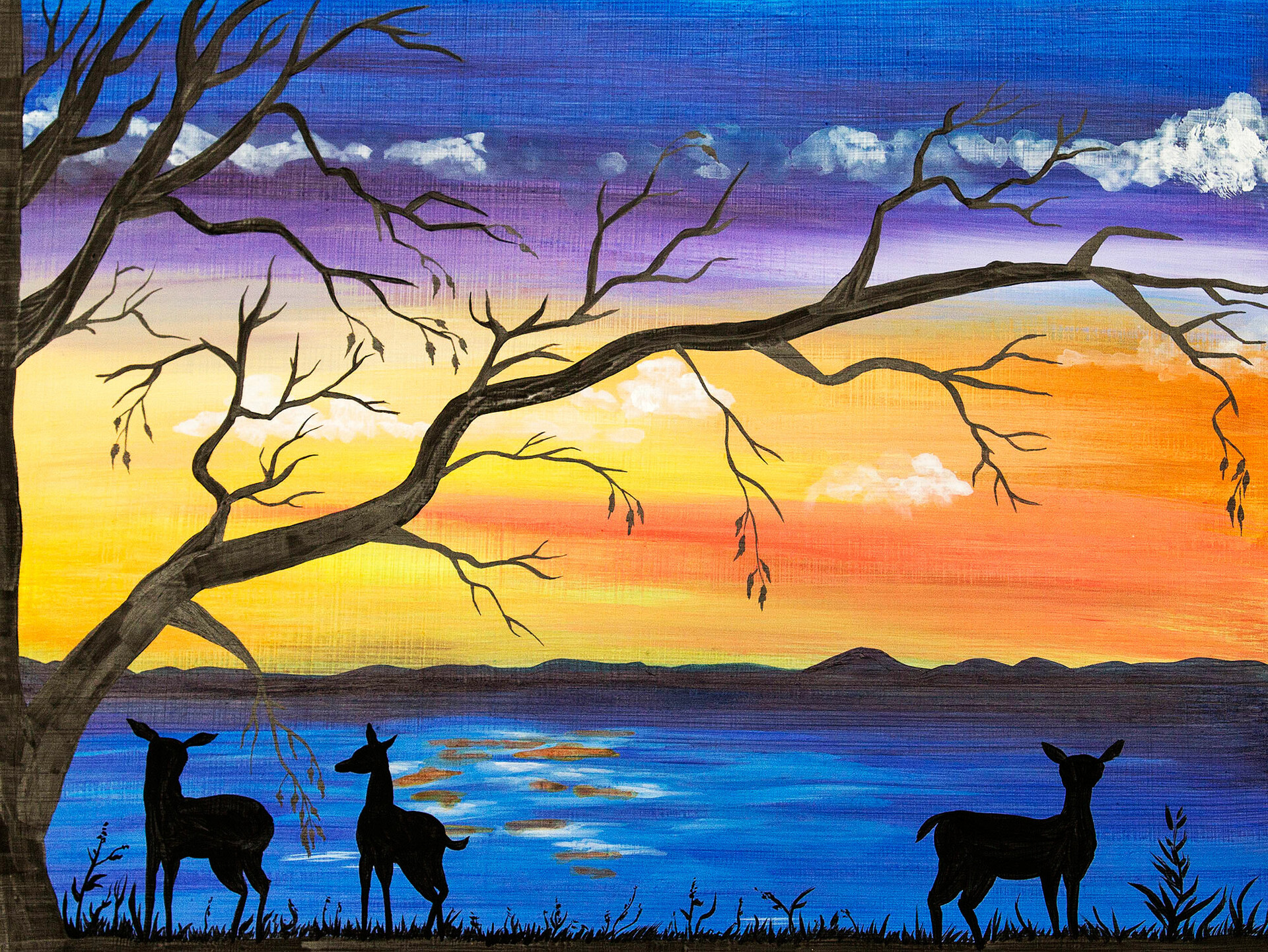 ArtStation - Lake in sunset traditional painting