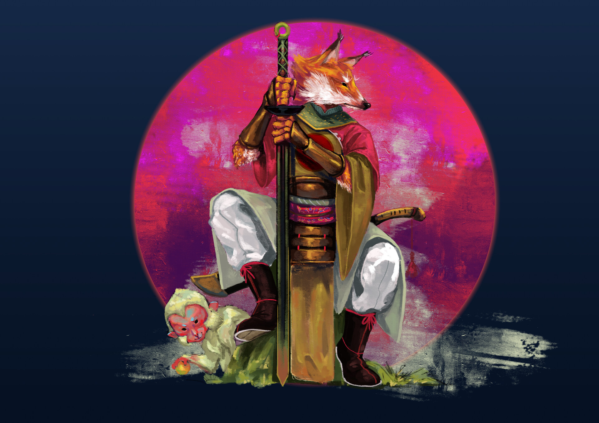 ArtStation - Fire fox and little monkey